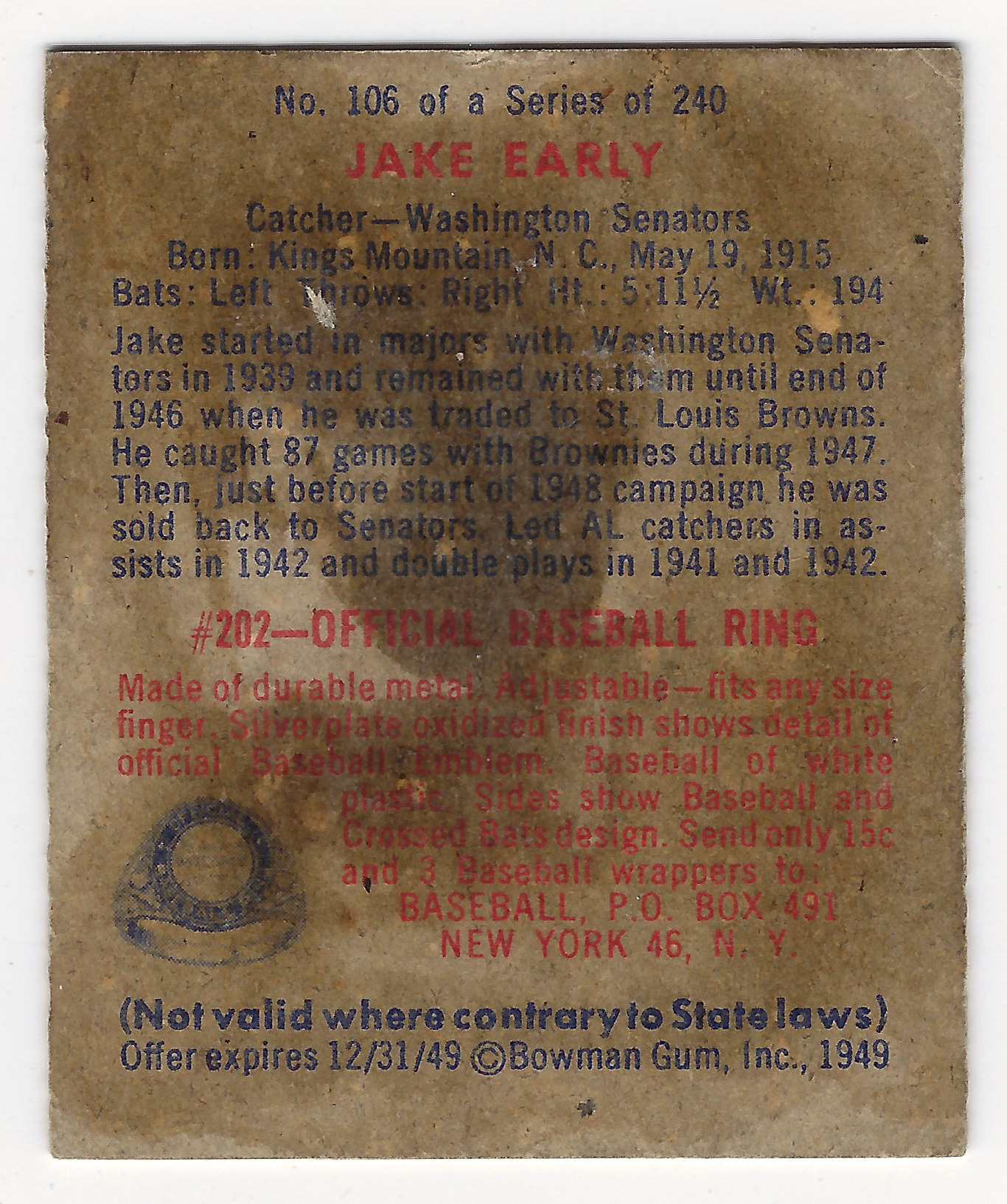 Baseball card of Jake Early