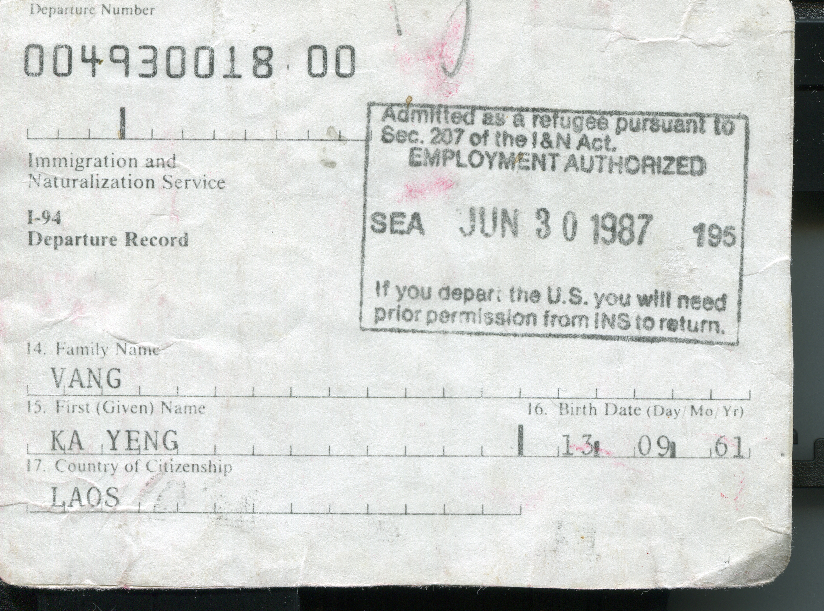 I-94 Form for Ka Yeng