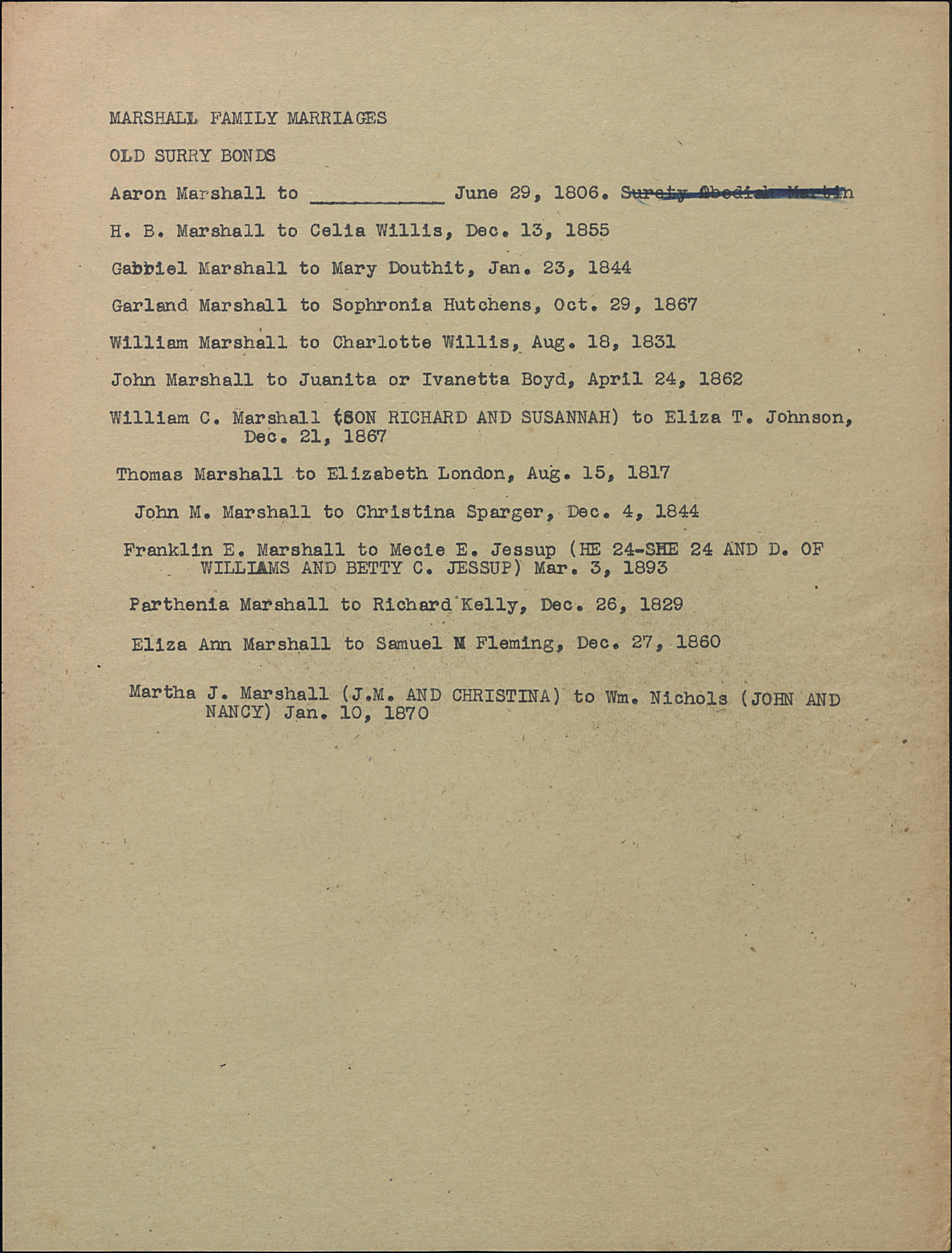Luther Byrd Genealogy Collection: Marshall