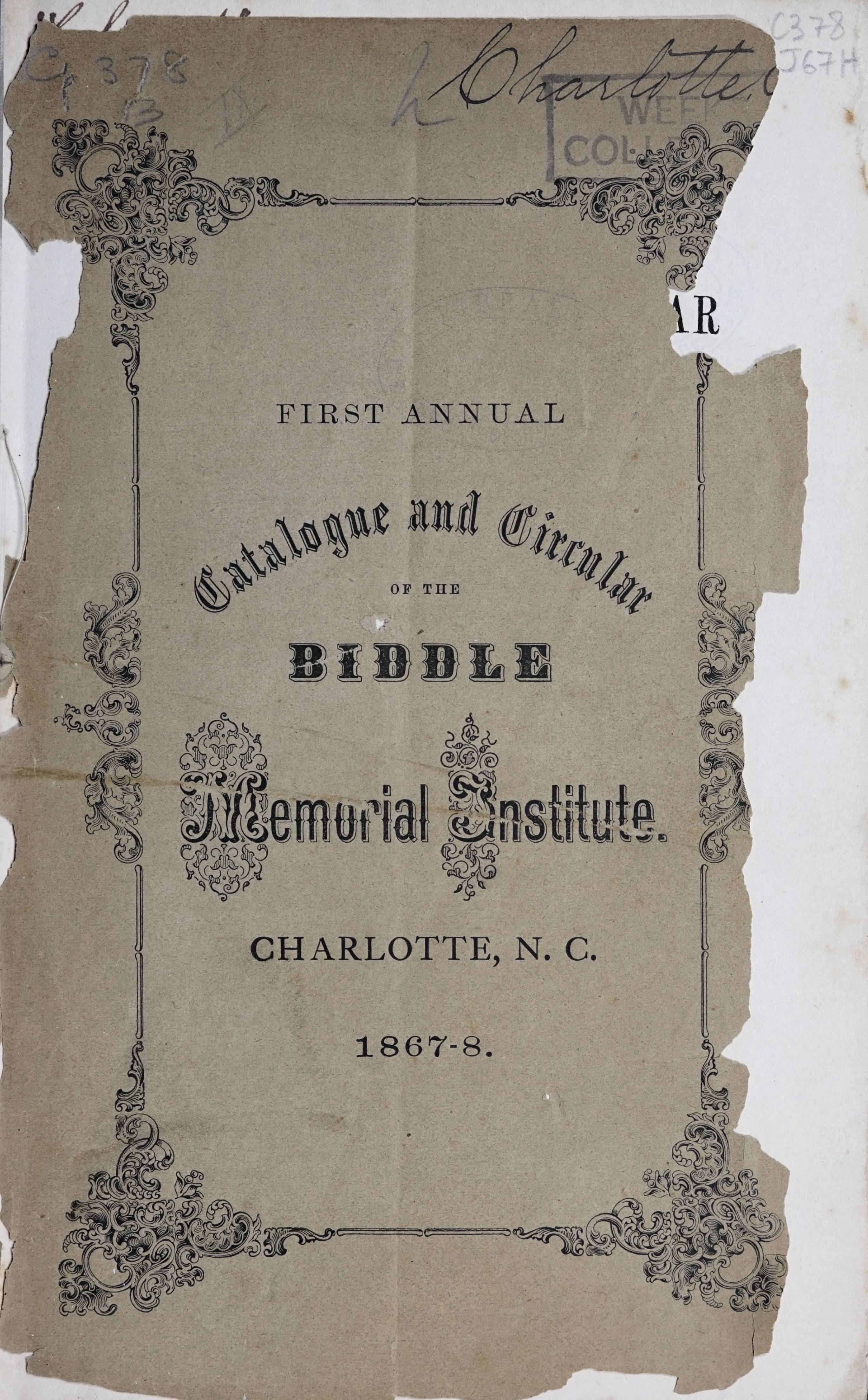 Annual Catalogue of Biddle Memorial Institute [1867-1868]
