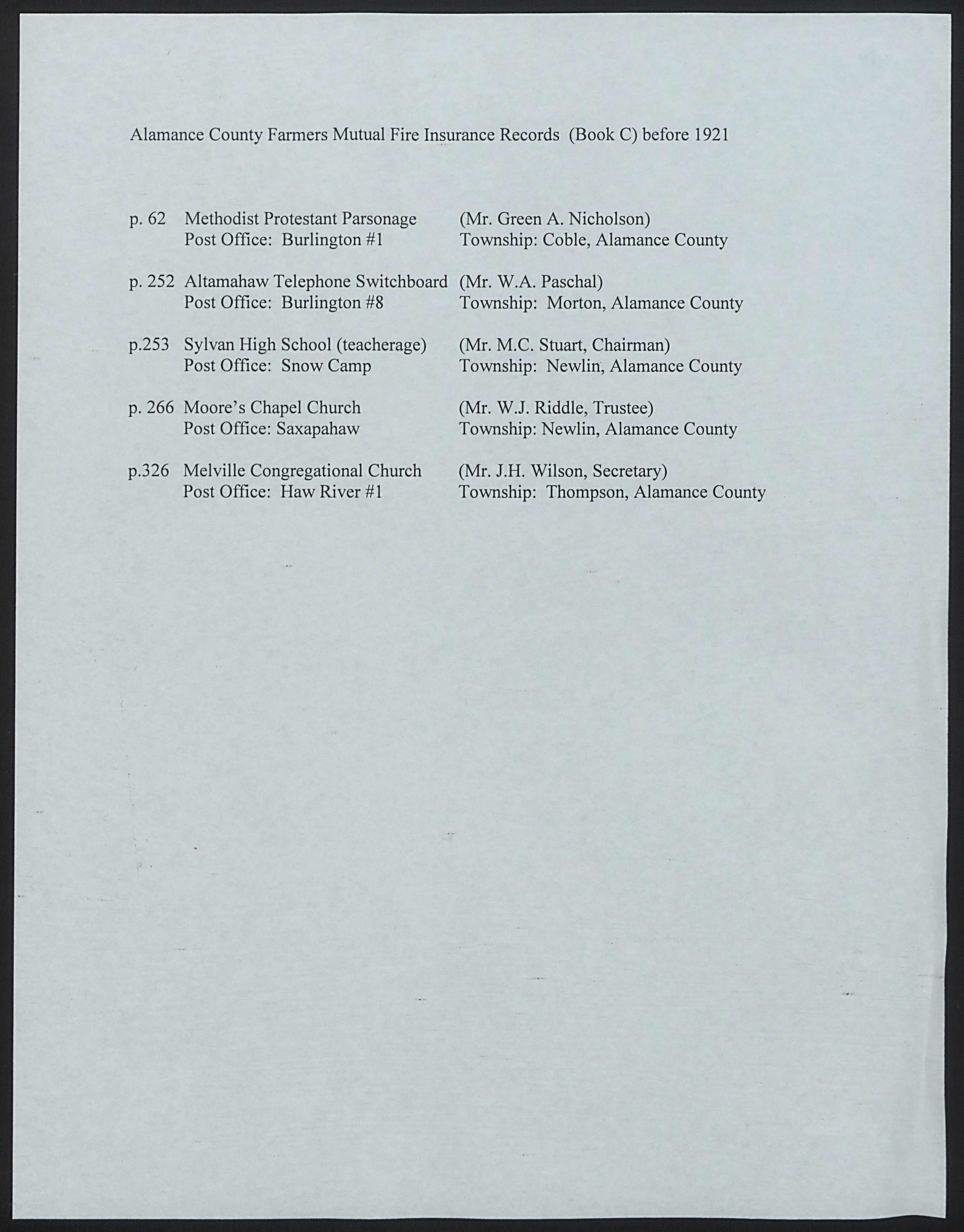 Alamance County Farmers Mutual Fire Insurance Records Book C