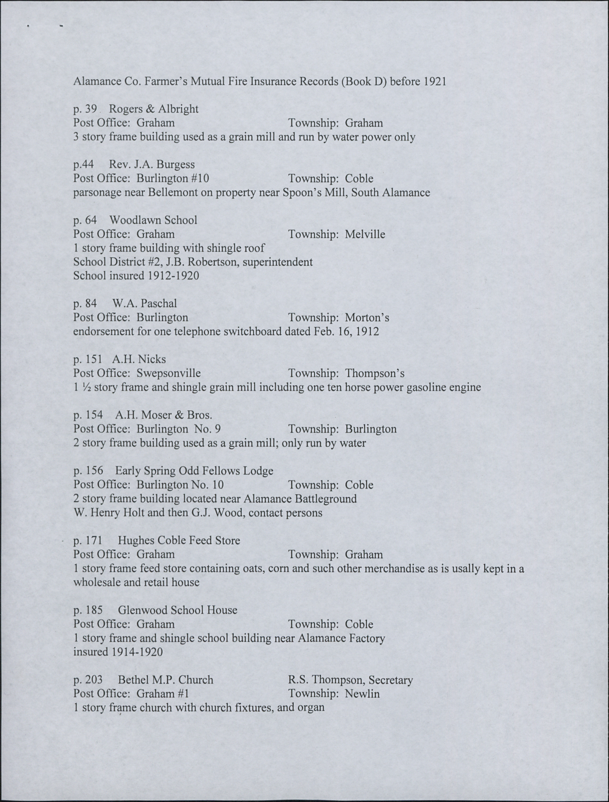 Alamance County Farmers Mutual Fire Insurance Records Book D