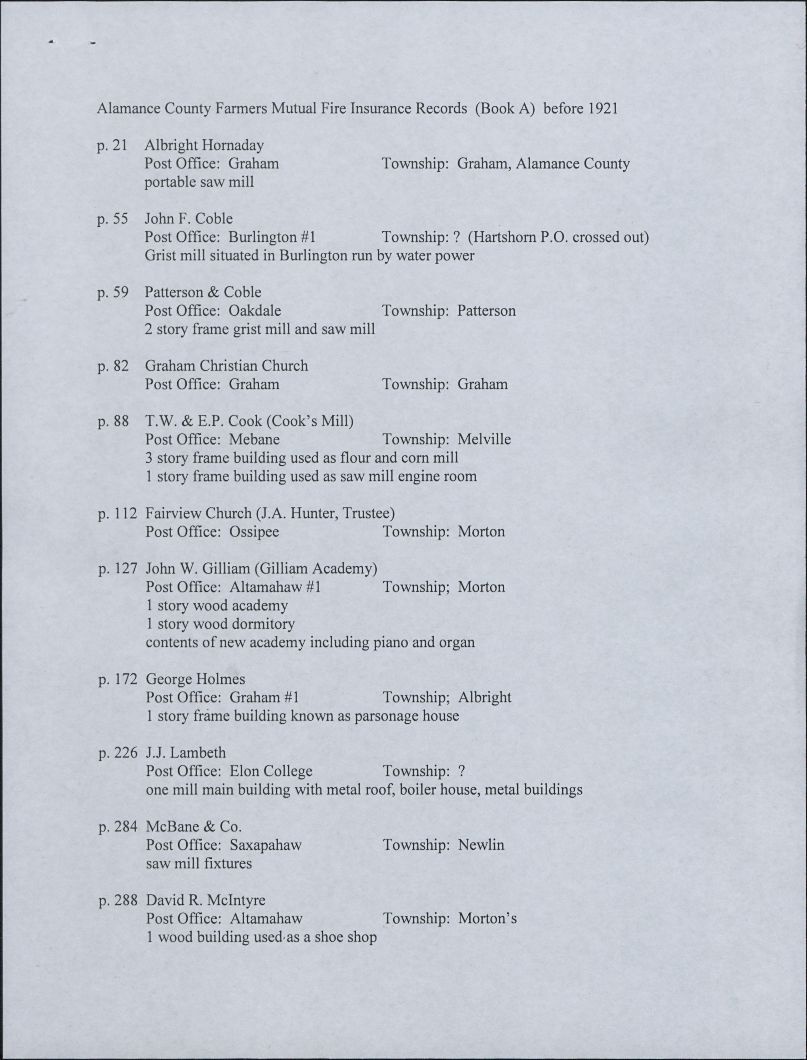 Alamance County Farmers Mutual Fire Insurance Records Book A