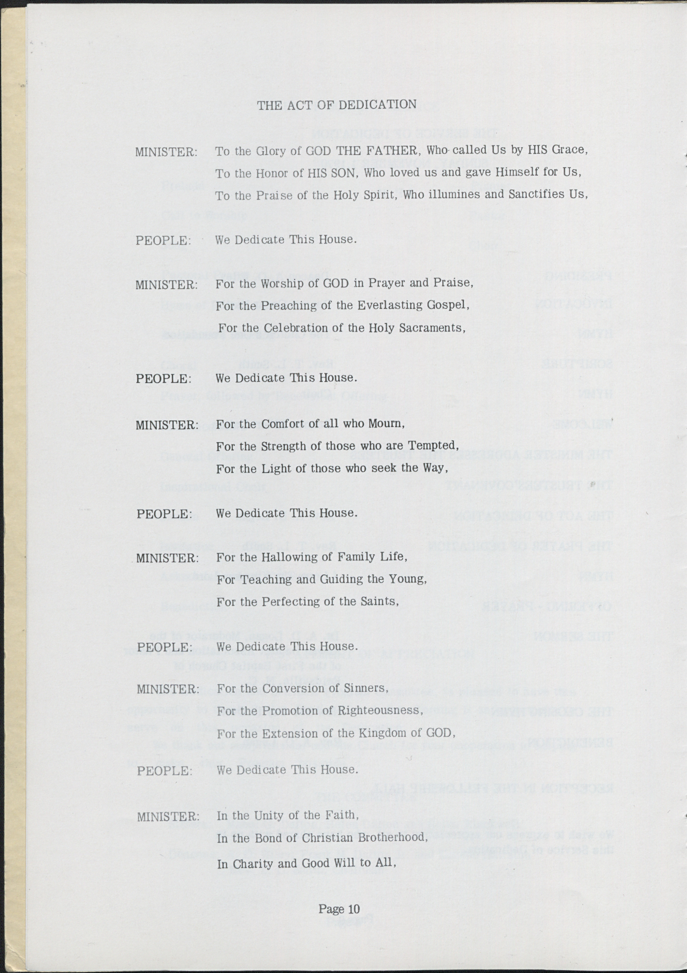 Beulah Baptist Church Dedication Service Program