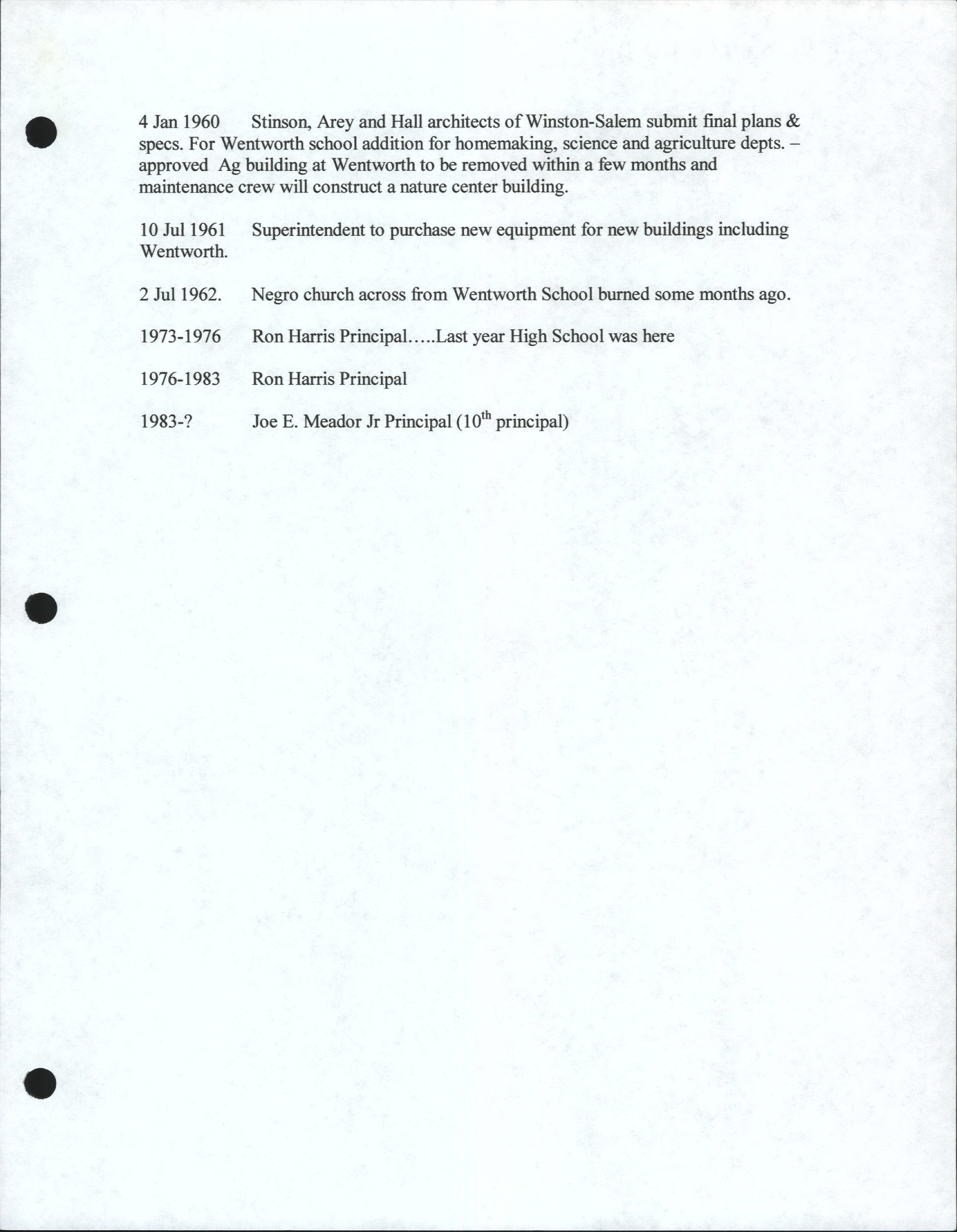 Wentworth High School, 1923-1961, Volume I