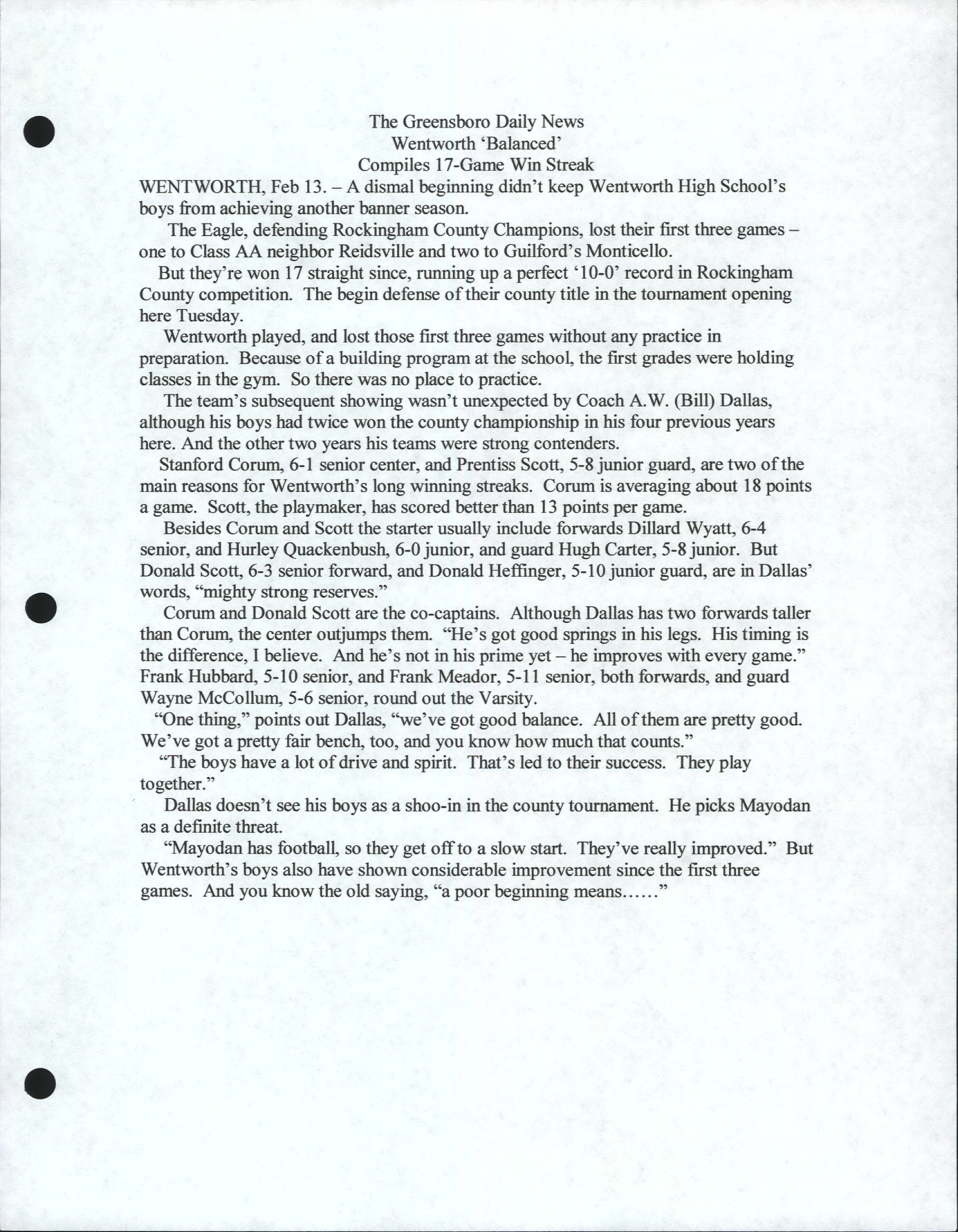 Wentworth High School, 1923-1961, Volume I