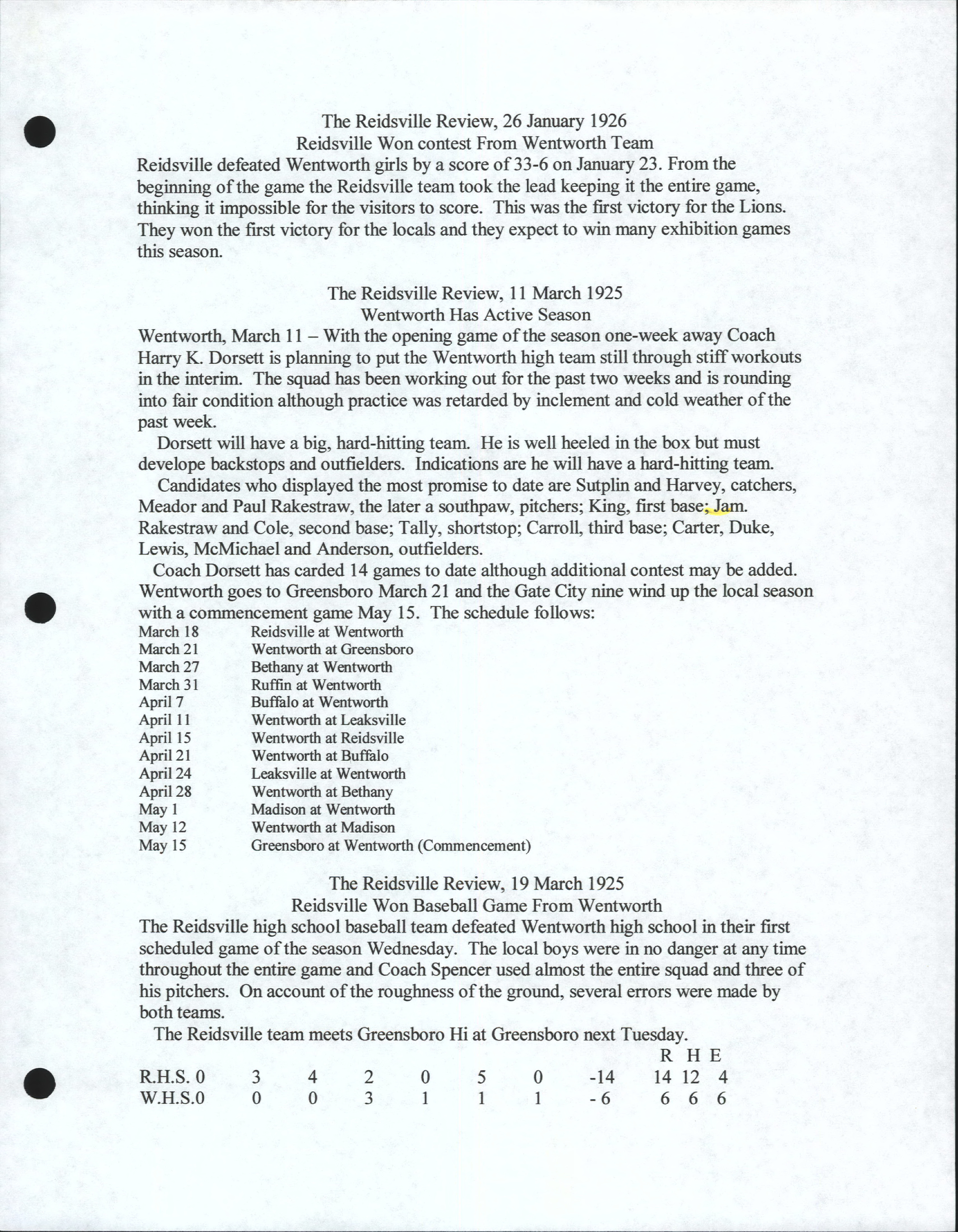 Wentworth High School, 1923-1961, Volume I