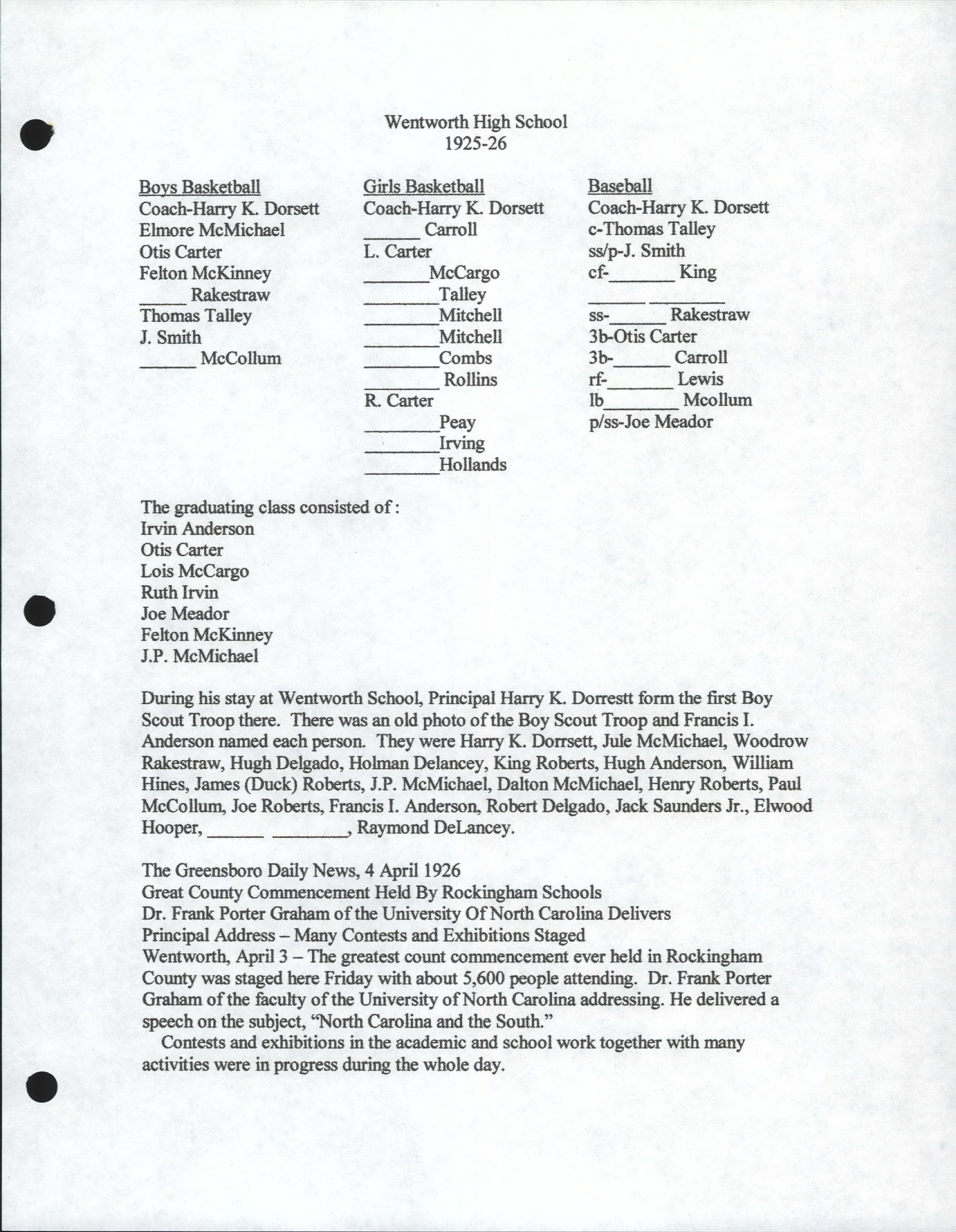 Wentworth High School, 1923-1961, Volume I
