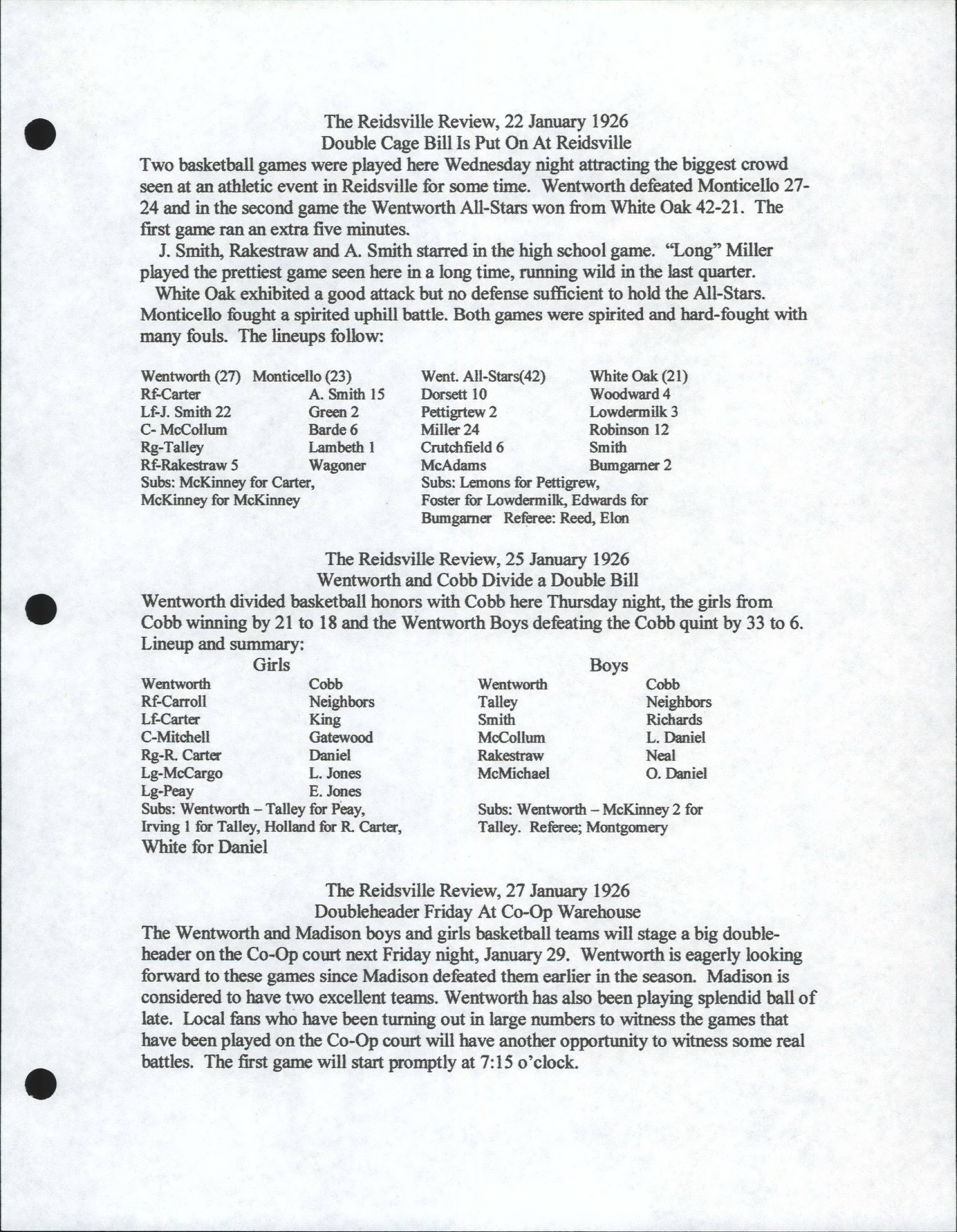 Wentworth High School, 1923-1961, Volume I