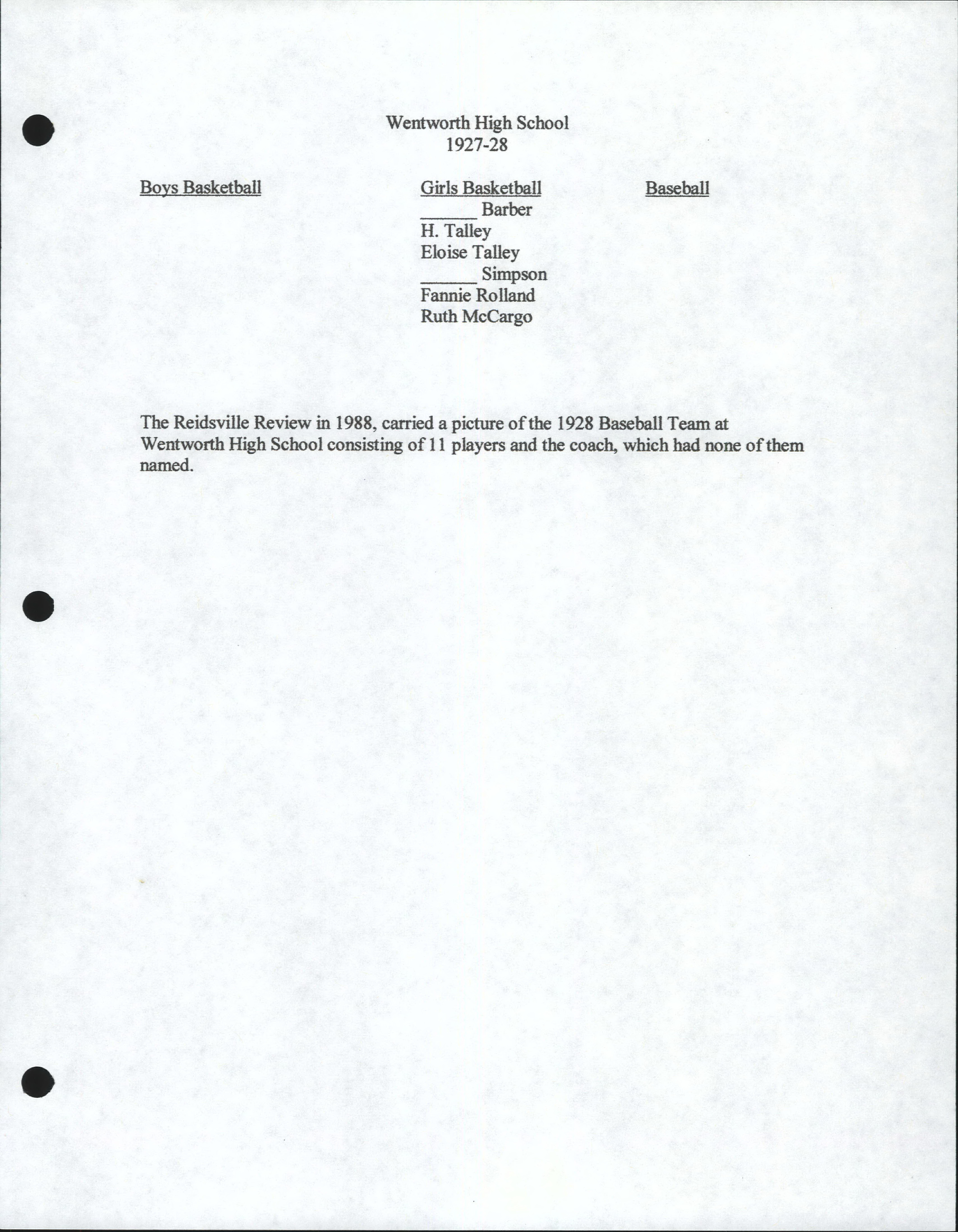 Wentworth High School, 1923-1961, Volume I