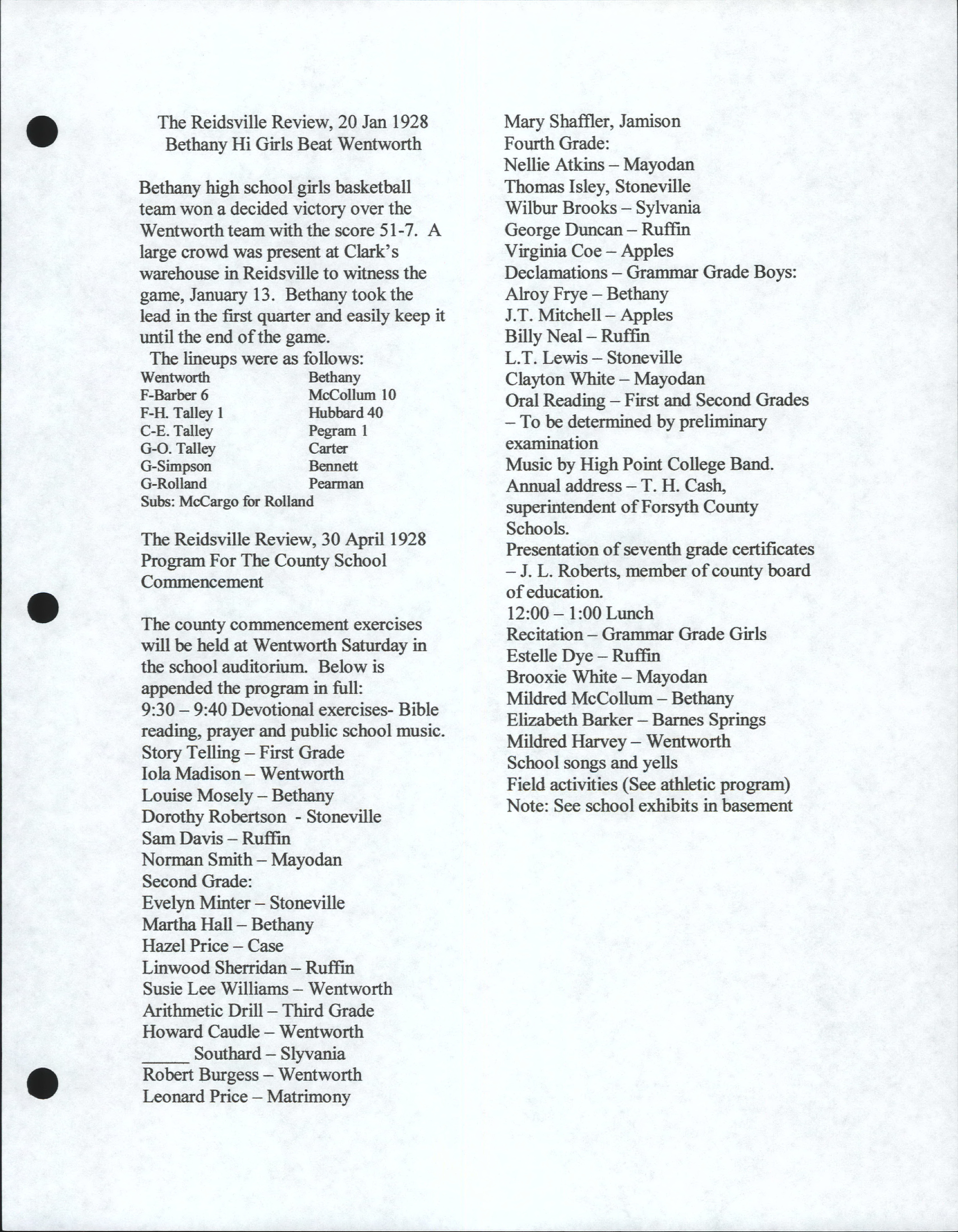 Wentworth High School, 1923-1961, Volume I