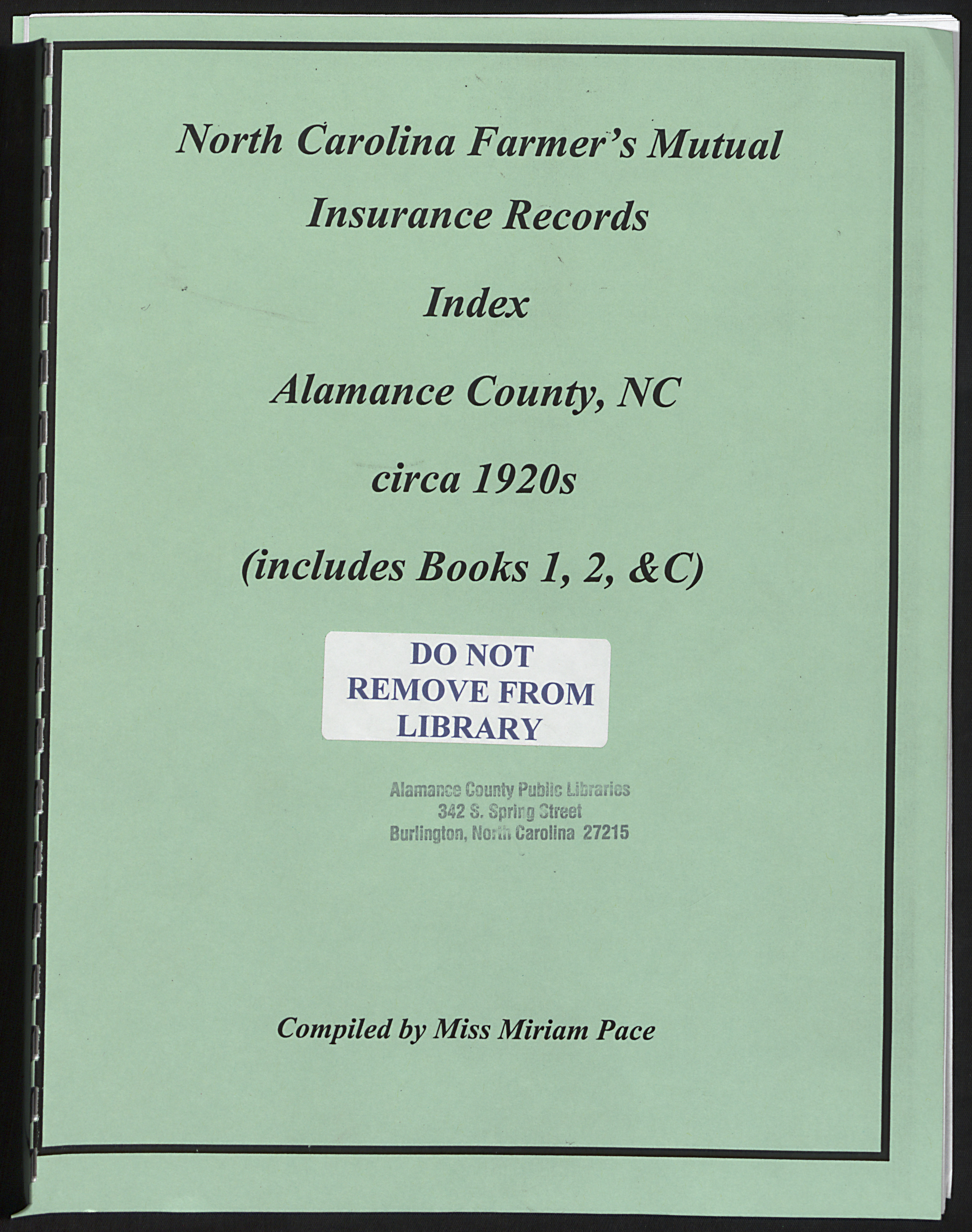 North Carolina Farmer's Mutual Insurance Records Index