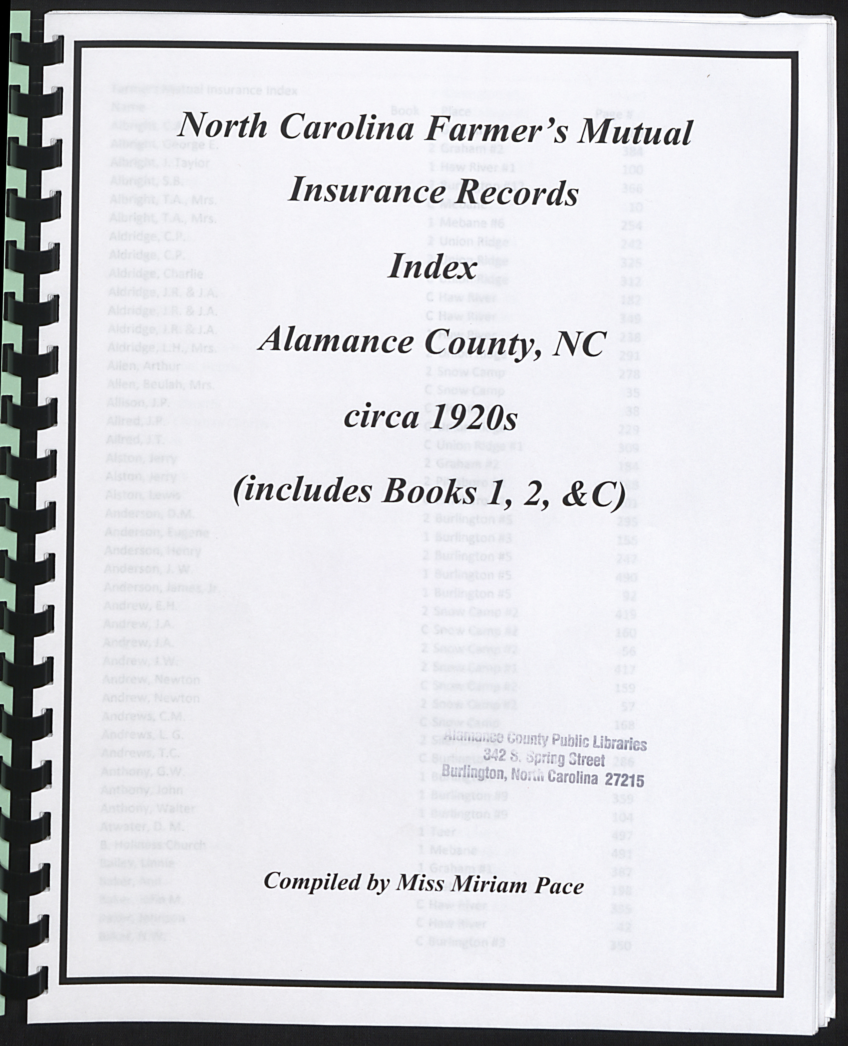 North Carolina Farmer's Mutual Insurance Records Index
