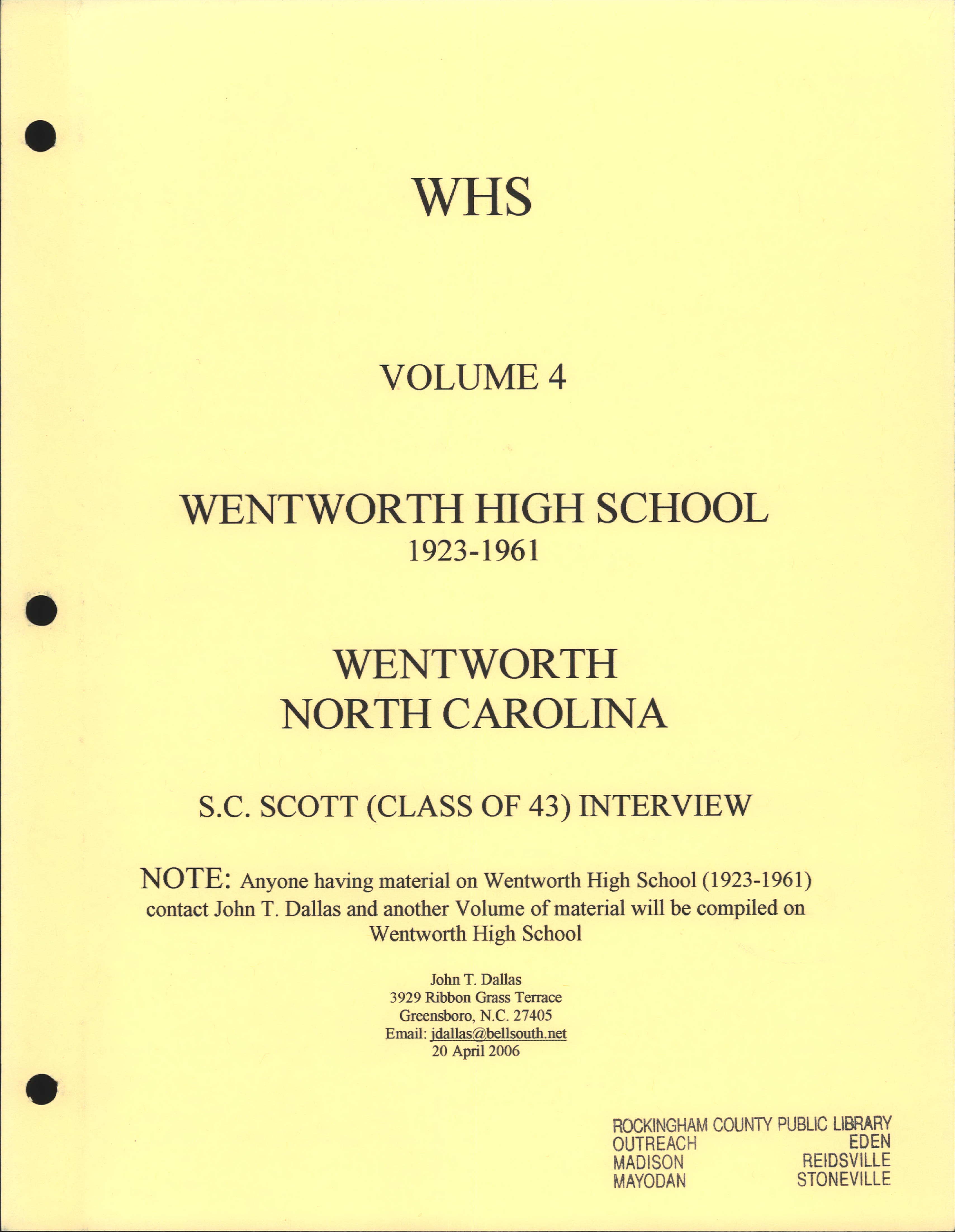 Wentworth High School, 1923-1961, Volume IV