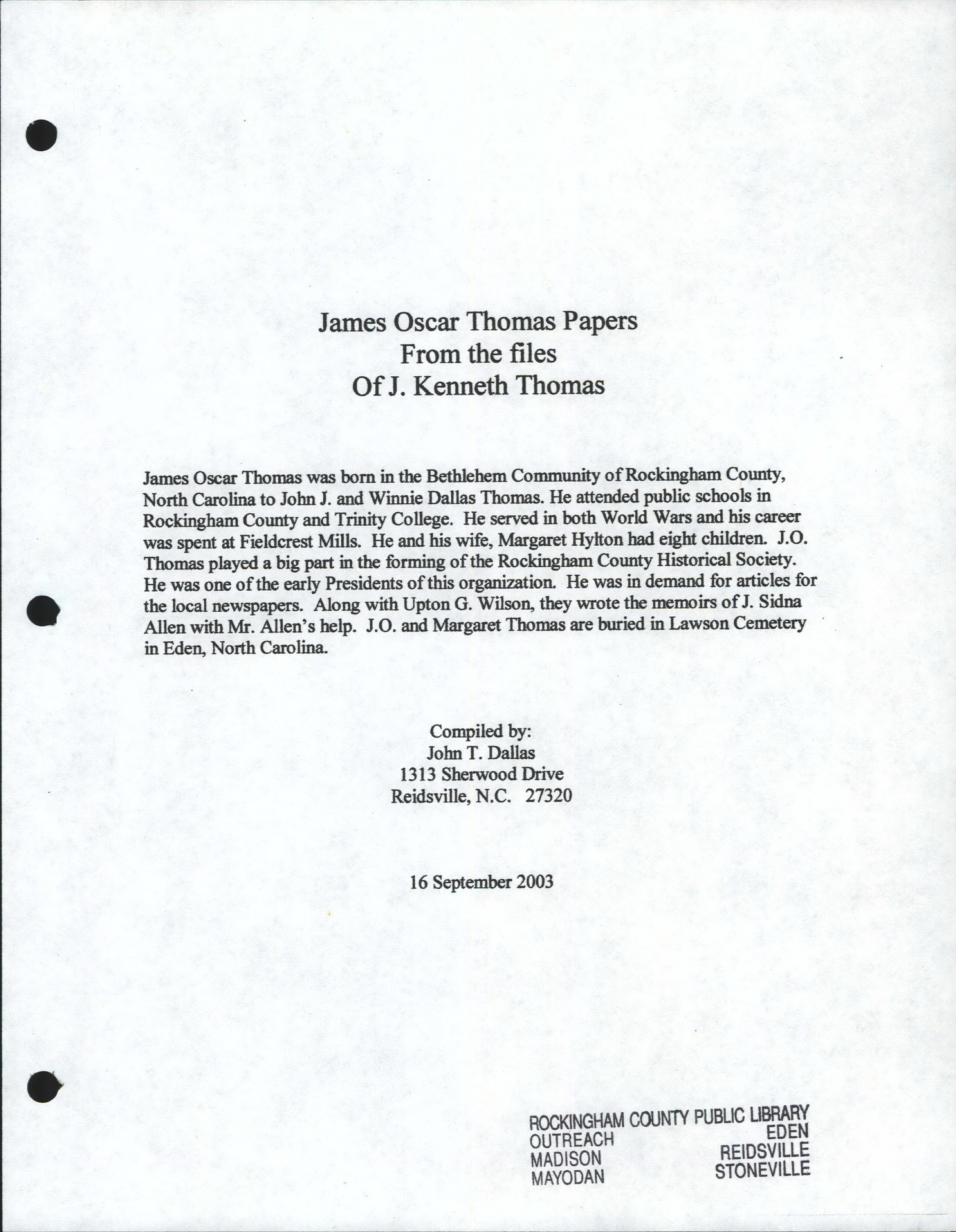 James Oscar Thomas Papers From the Files of J. Kenneth Thomas