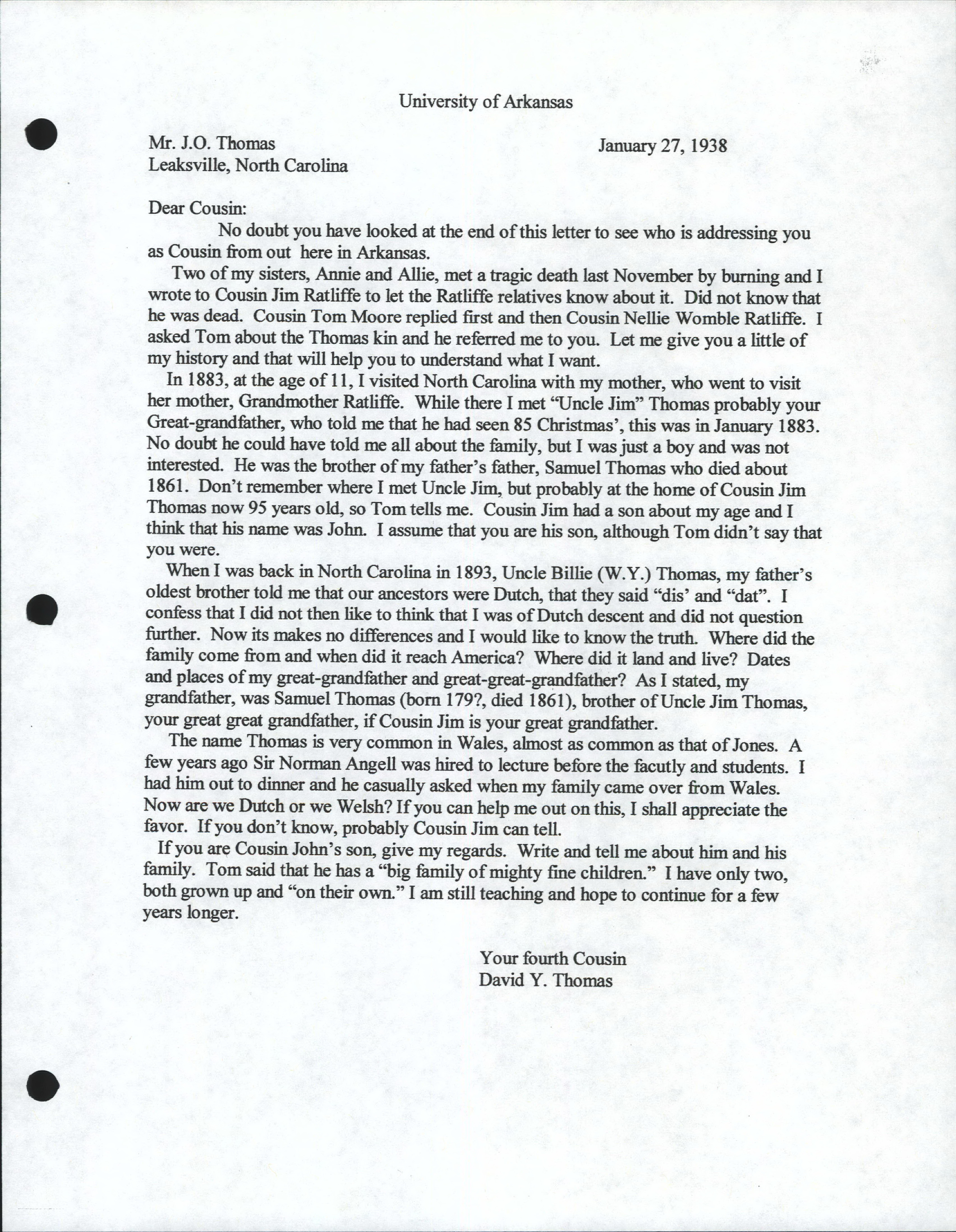 James Oscar Thomas Papers From the Files of J. Kenneth Thomas