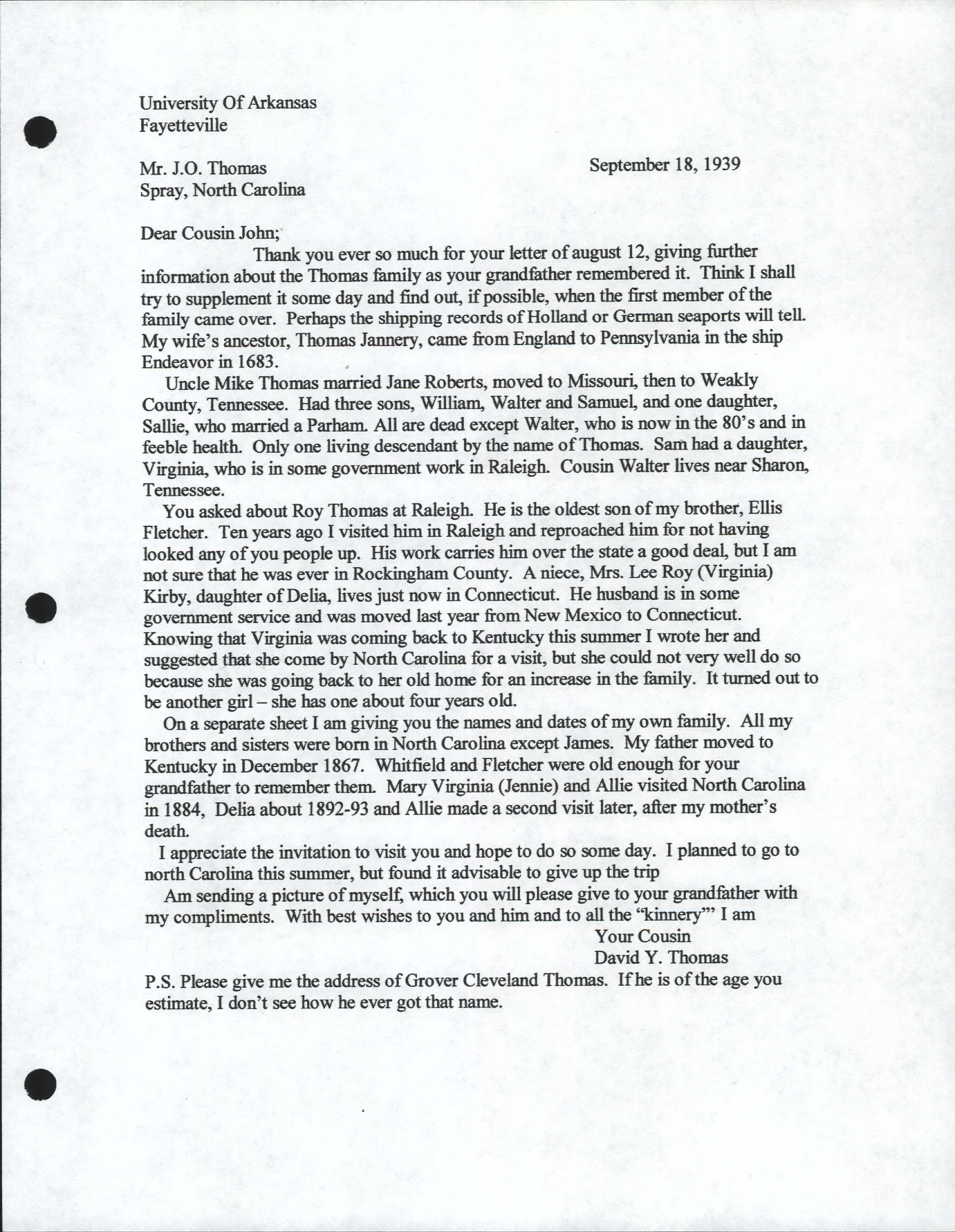 James Oscar Thomas Papers From the Files of J. Kenneth Thomas