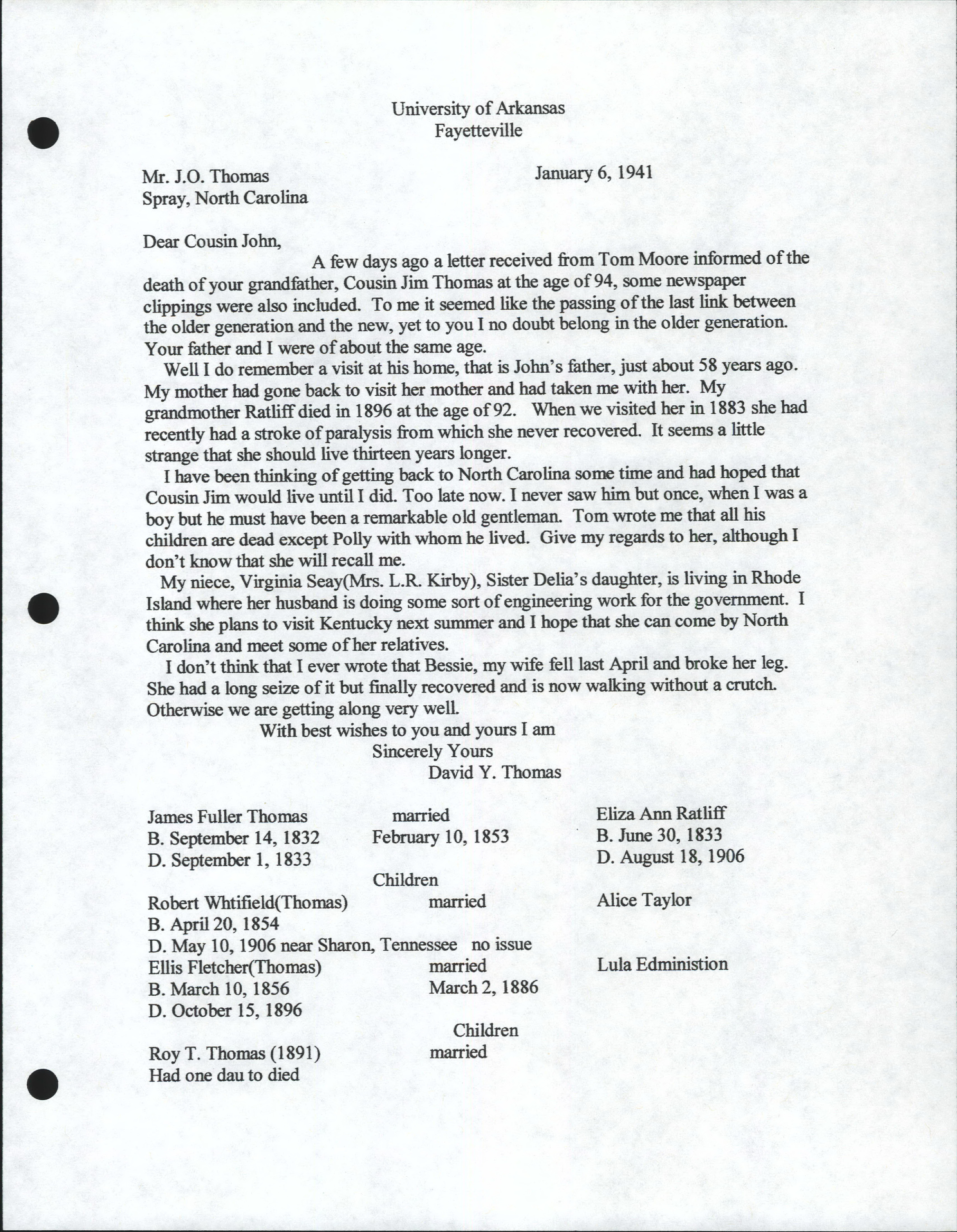 James Oscar Thomas Papers From the Files of J. Kenneth Thomas