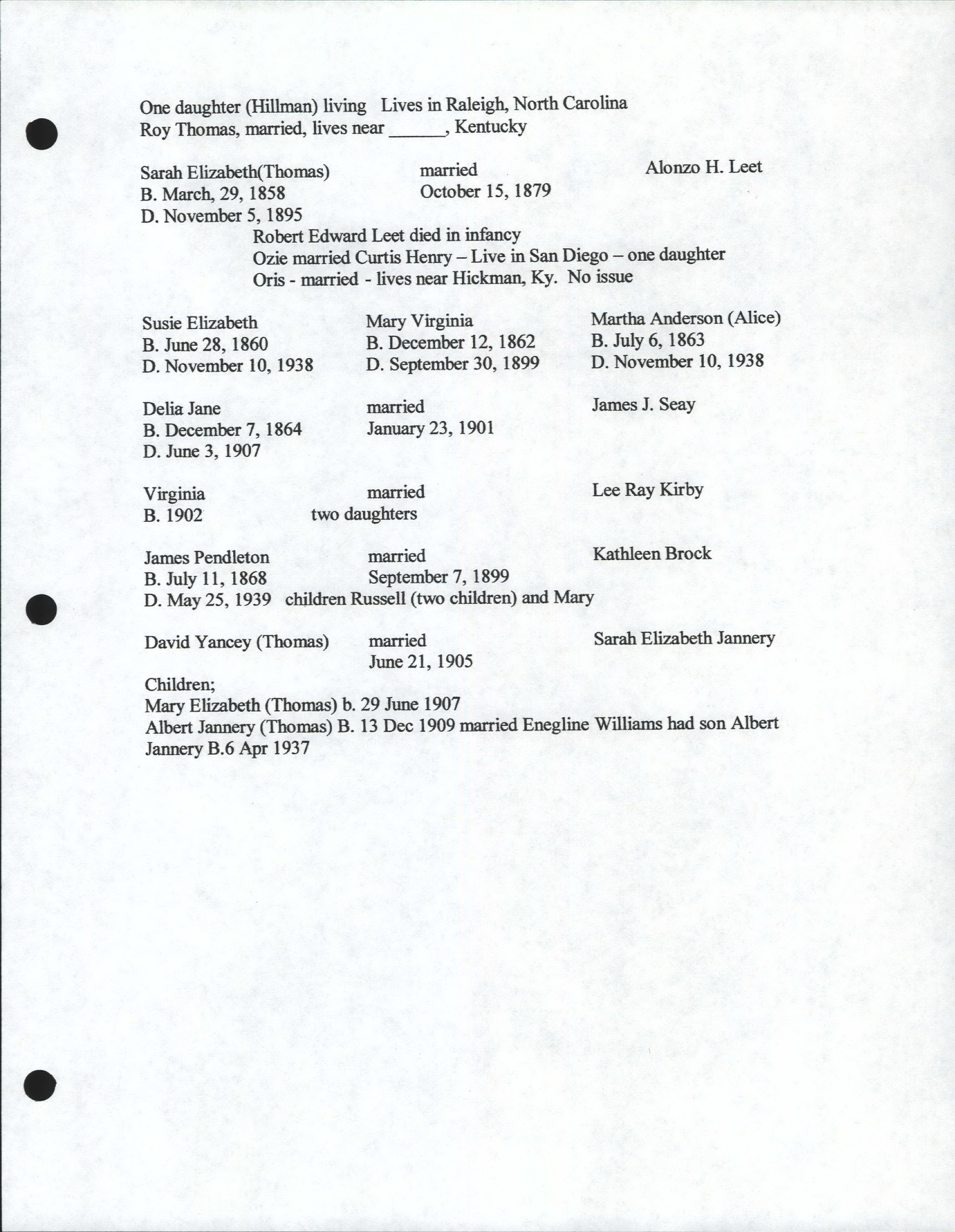 James Oscar Thomas Papers From the Files of J. Kenneth Thomas