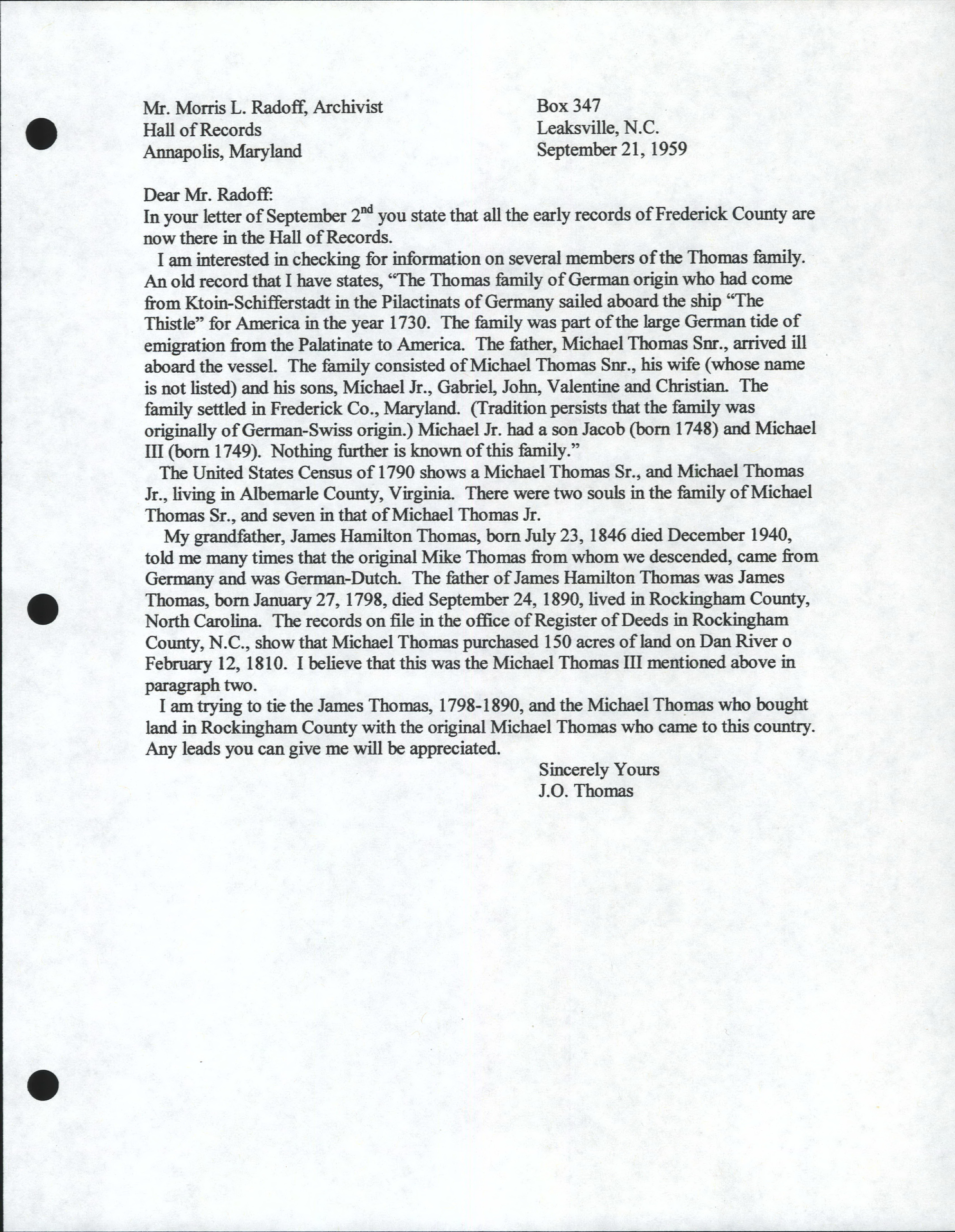 James Oscar Thomas Papers From the Files of J. Kenneth Thomas