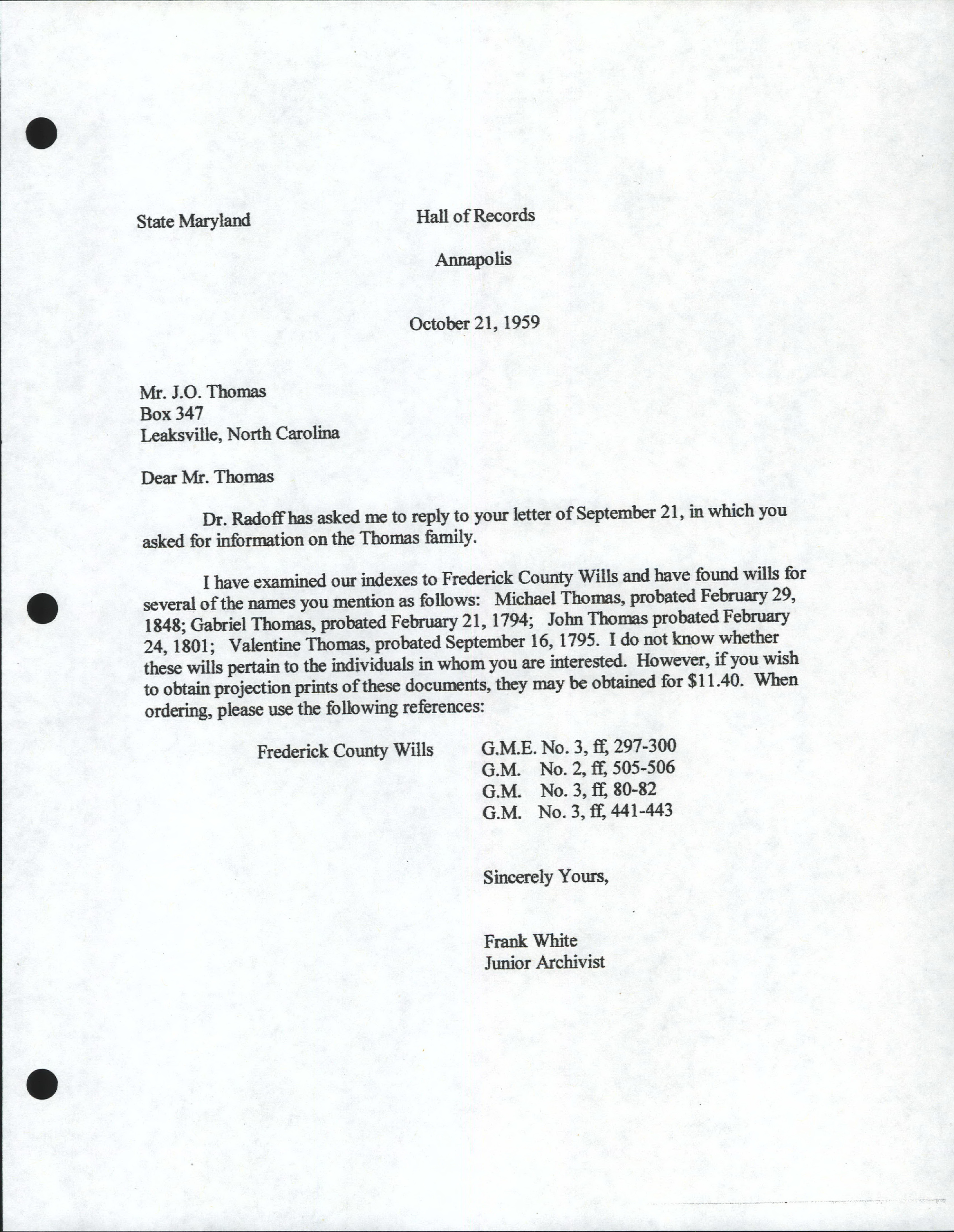 James Oscar Thomas Papers From the Files of J. Kenneth Thomas