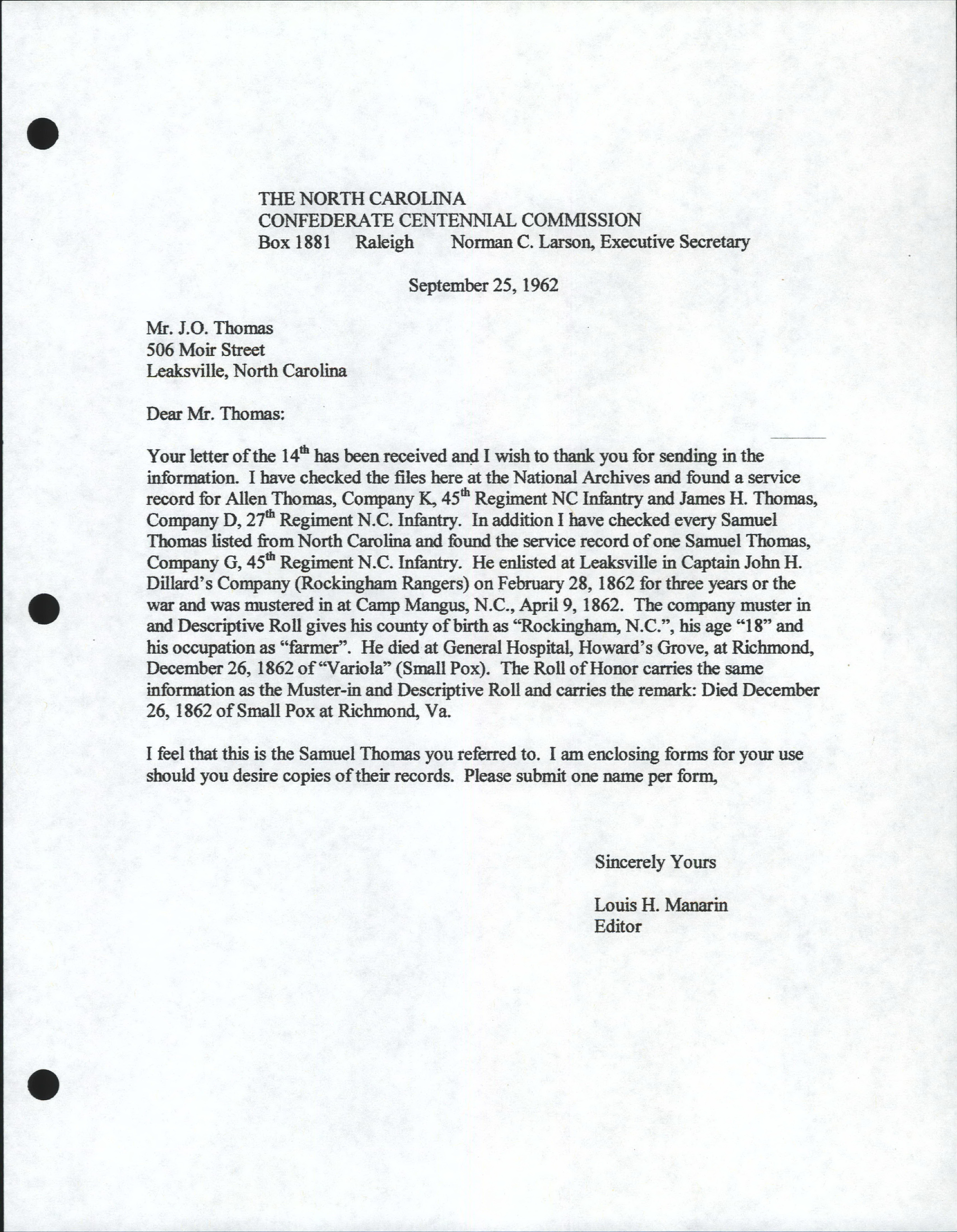 James Oscar Thomas Papers From the Files of J. Kenneth Thomas