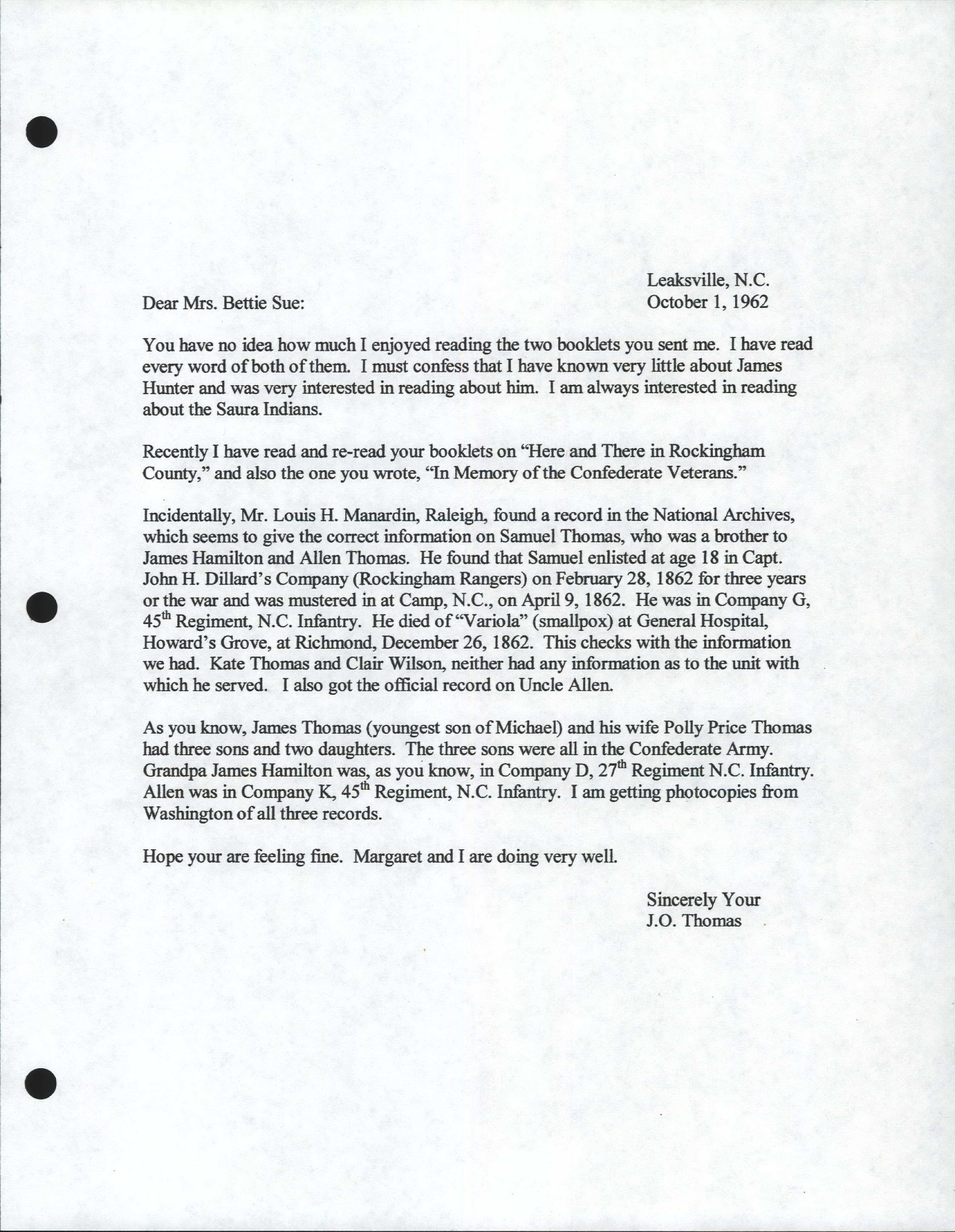 James Oscar Thomas Papers From the Files of J. Kenneth Thomas