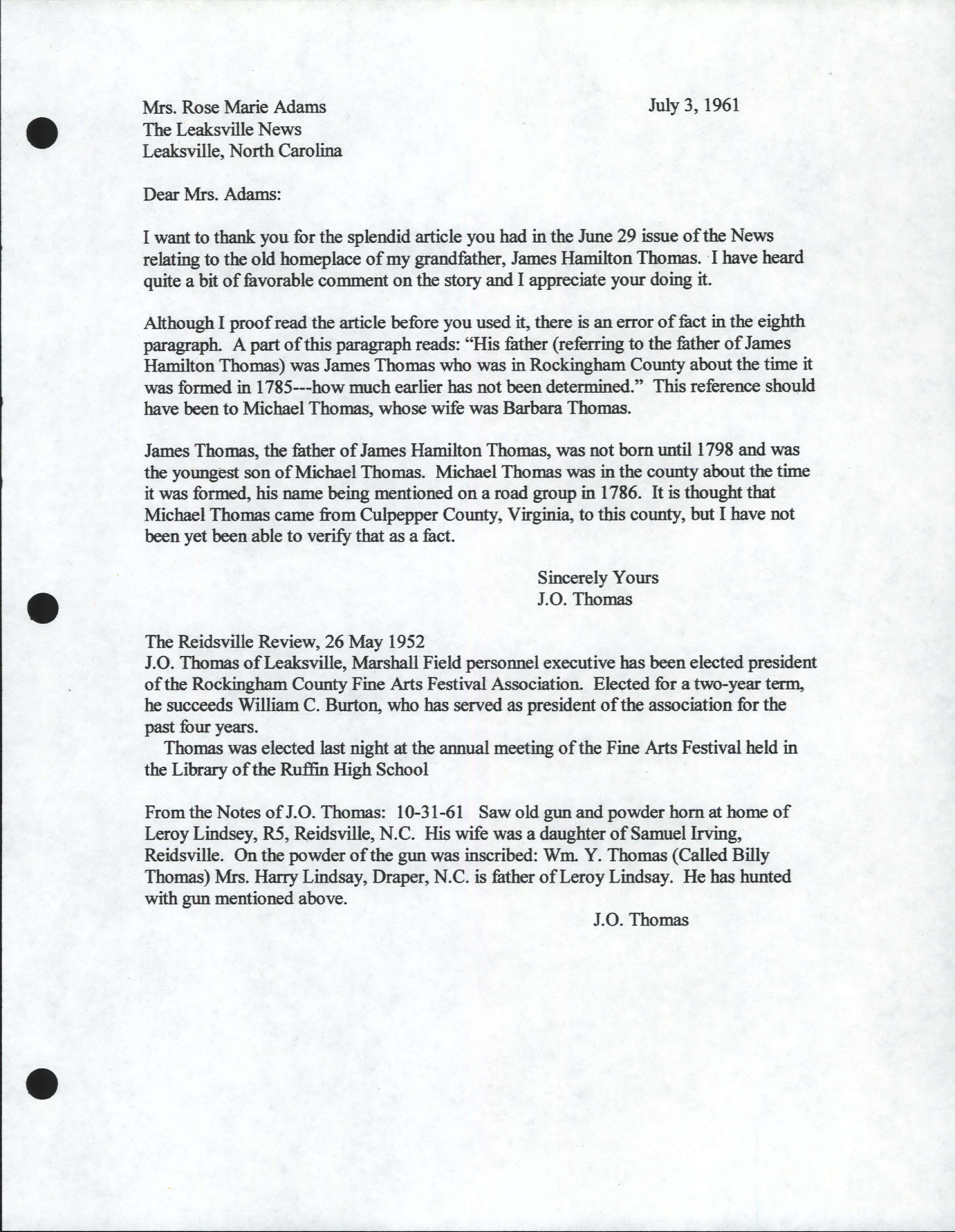 James Oscar Thomas Papers From the Files of J. Kenneth Thomas