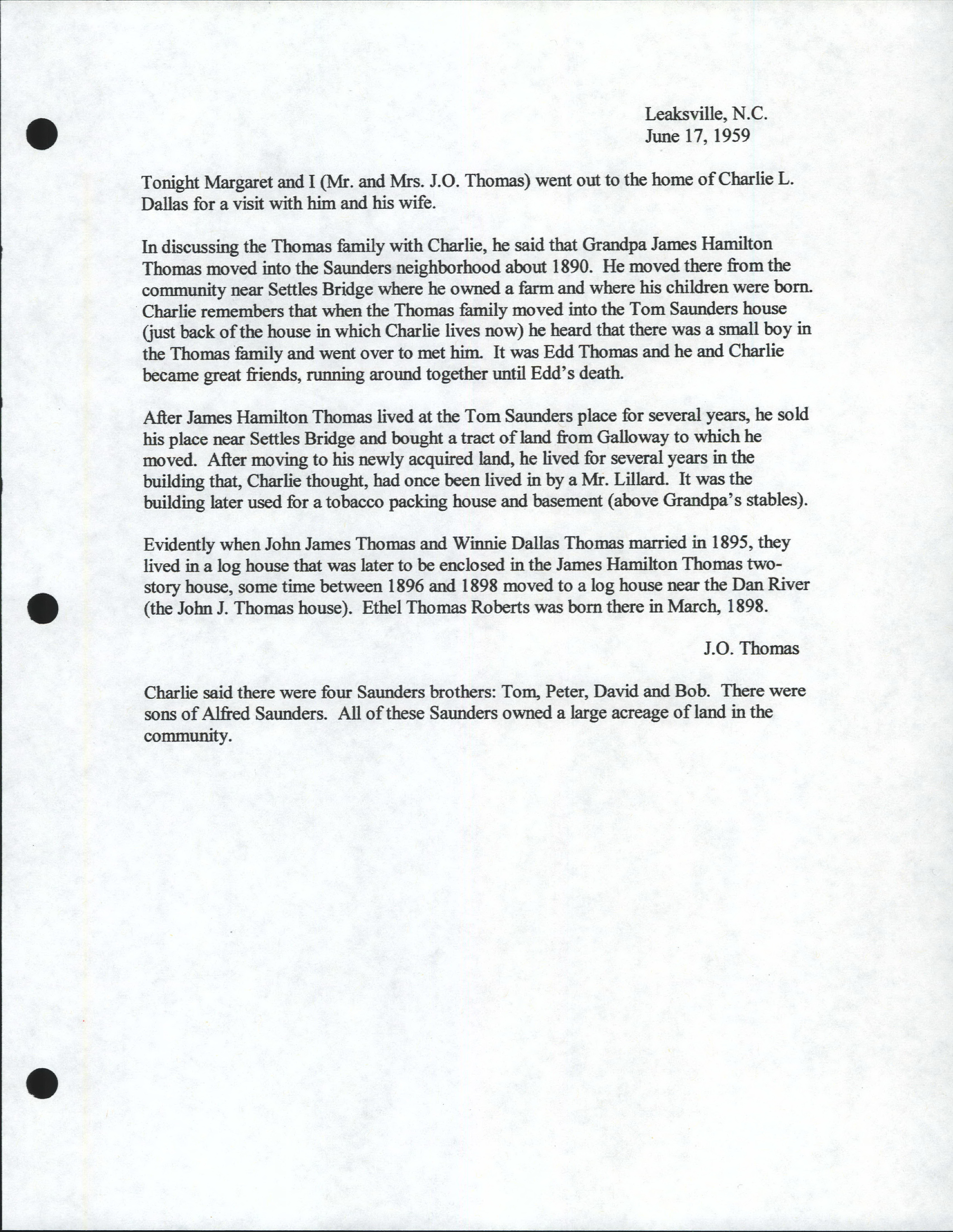 James Oscar Thomas Papers From the Files of J. Kenneth Thomas