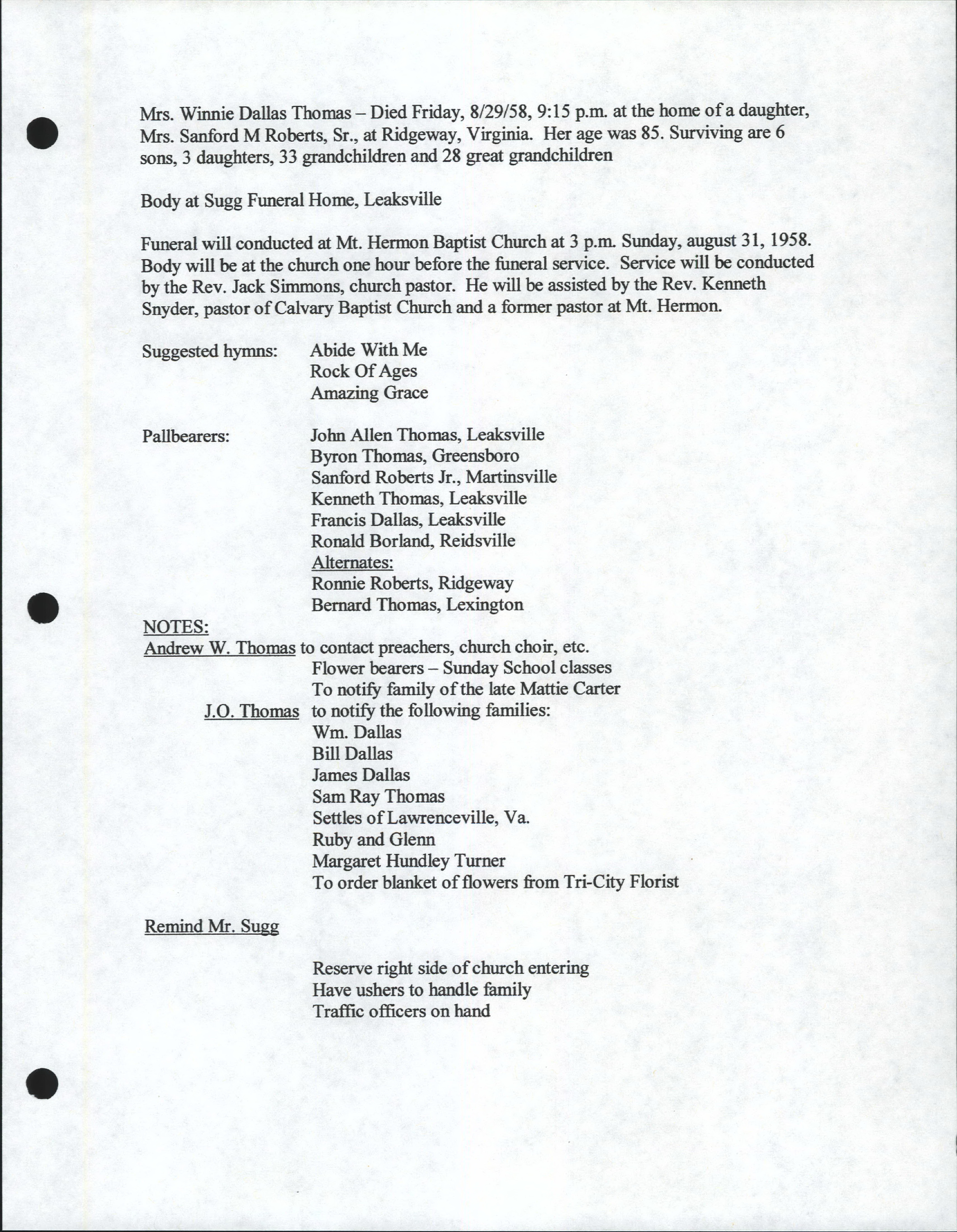 James Oscar Thomas Papers From the Files of J. Kenneth Thomas