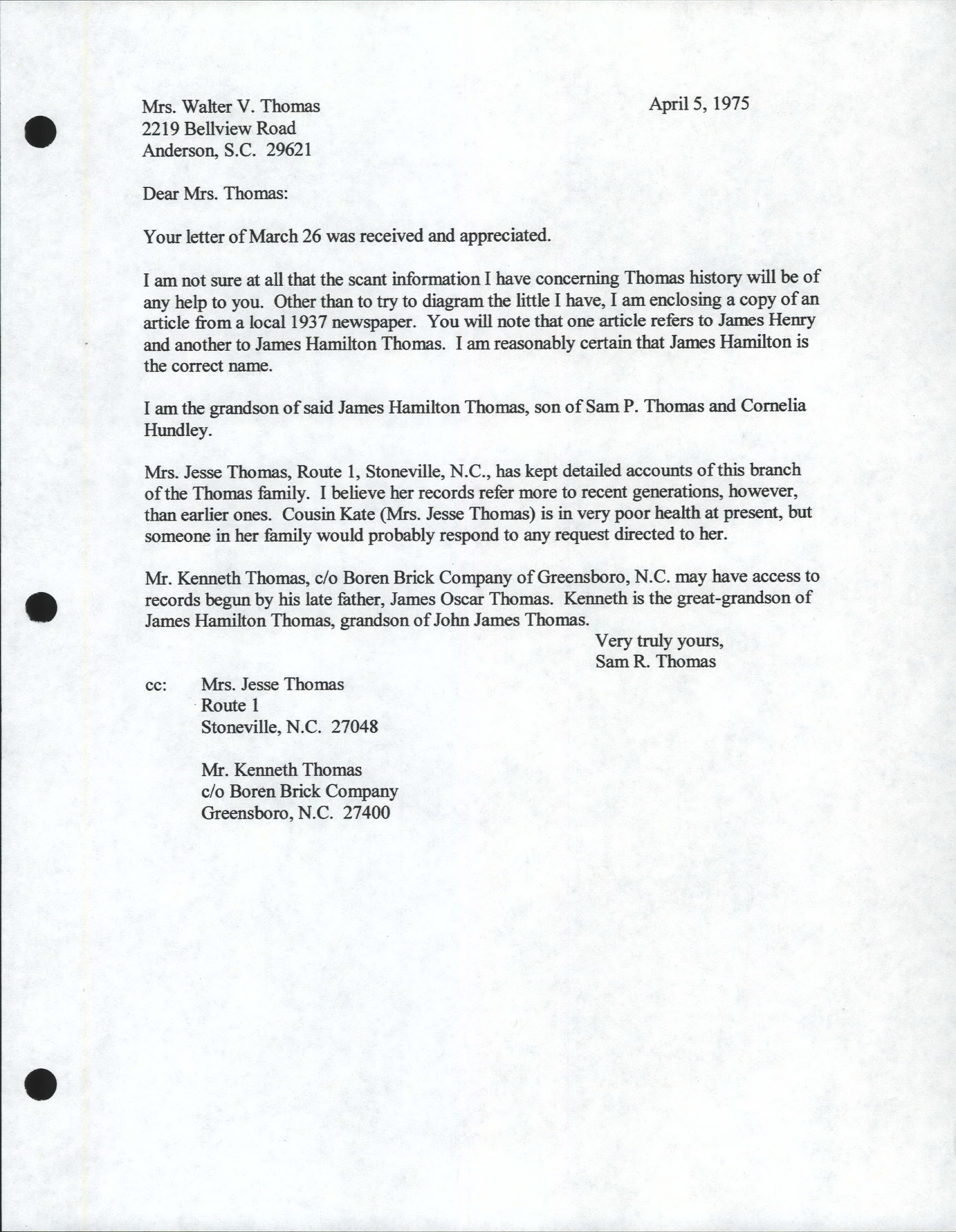 James Oscar Thomas Papers From the Files of J. Kenneth Thomas