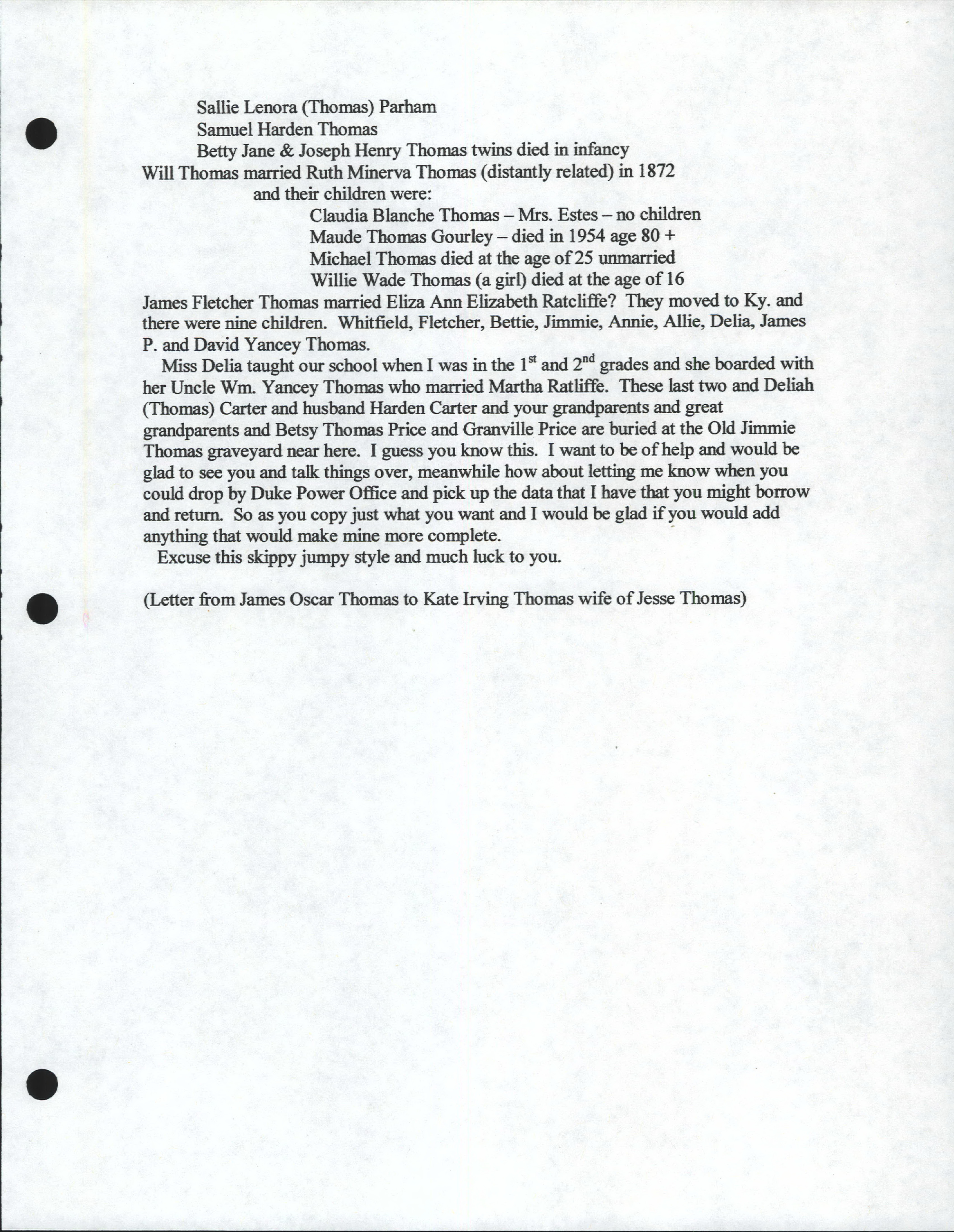 James Oscar Thomas Papers From the Files of J. Kenneth Thomas