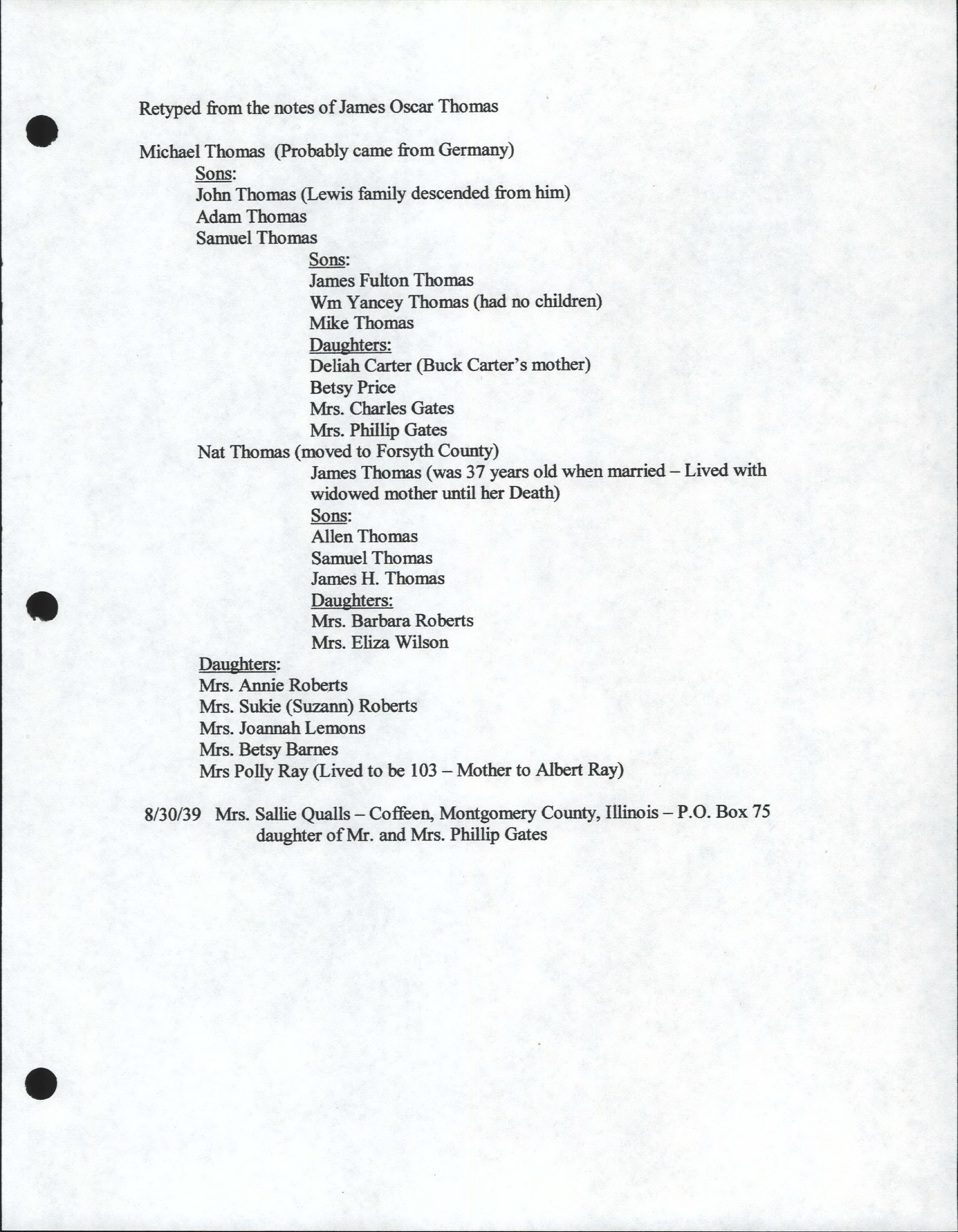 James Oscar Thomas Papers From the Files of J. Kenneth Thomas