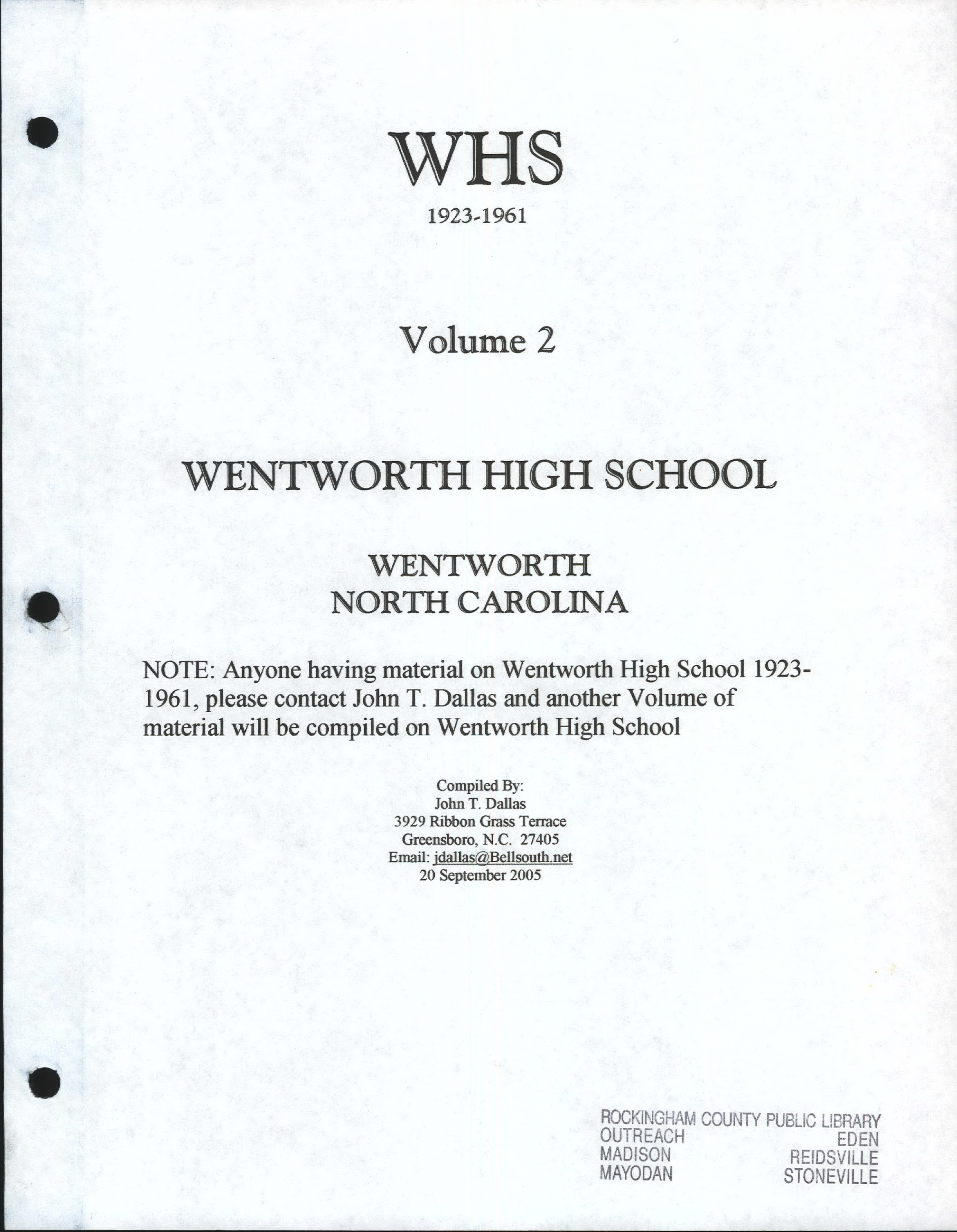 Wentworth High School, 1923-1961, Volume II
