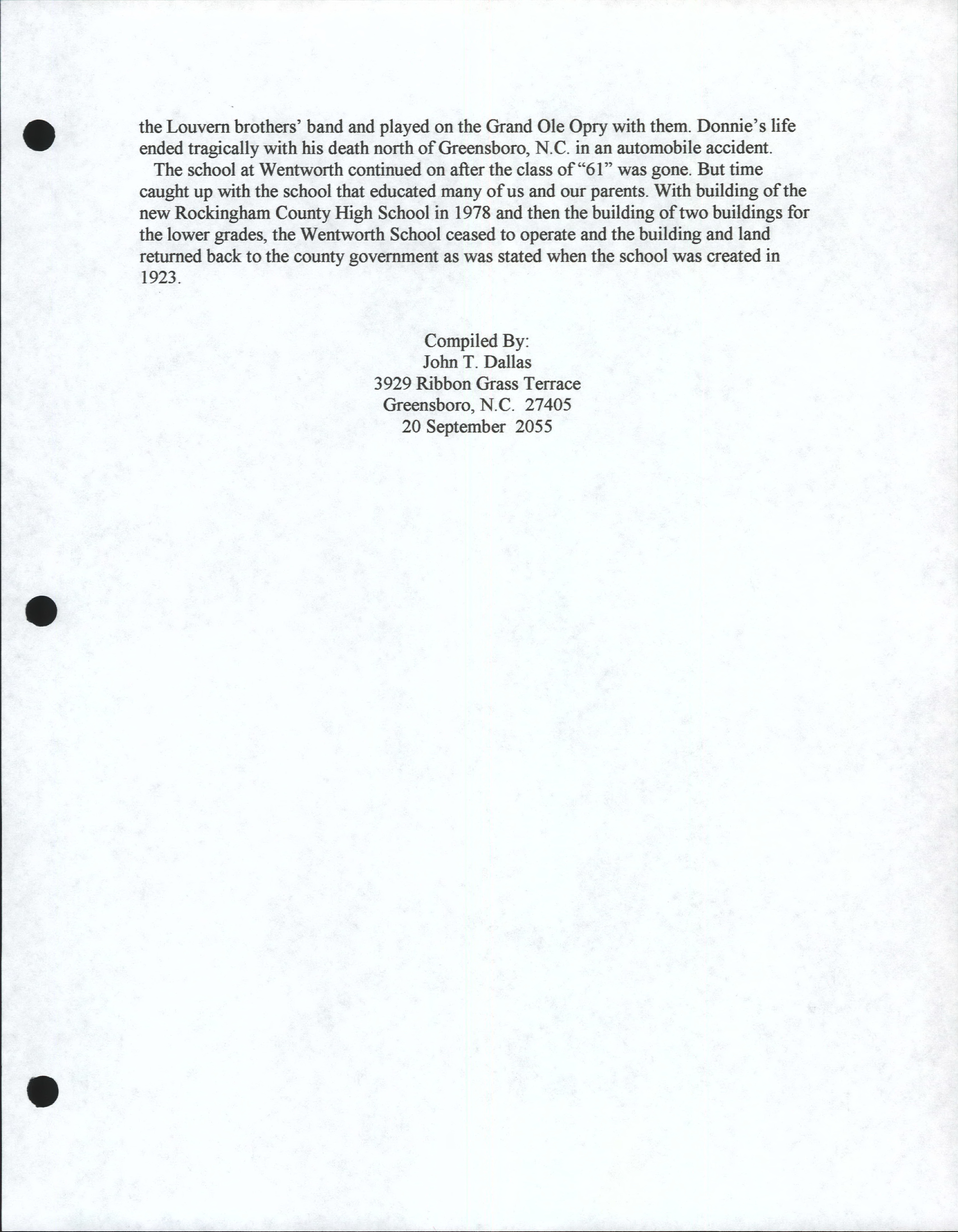 Wentworth High School, 1923-1961, Volume II