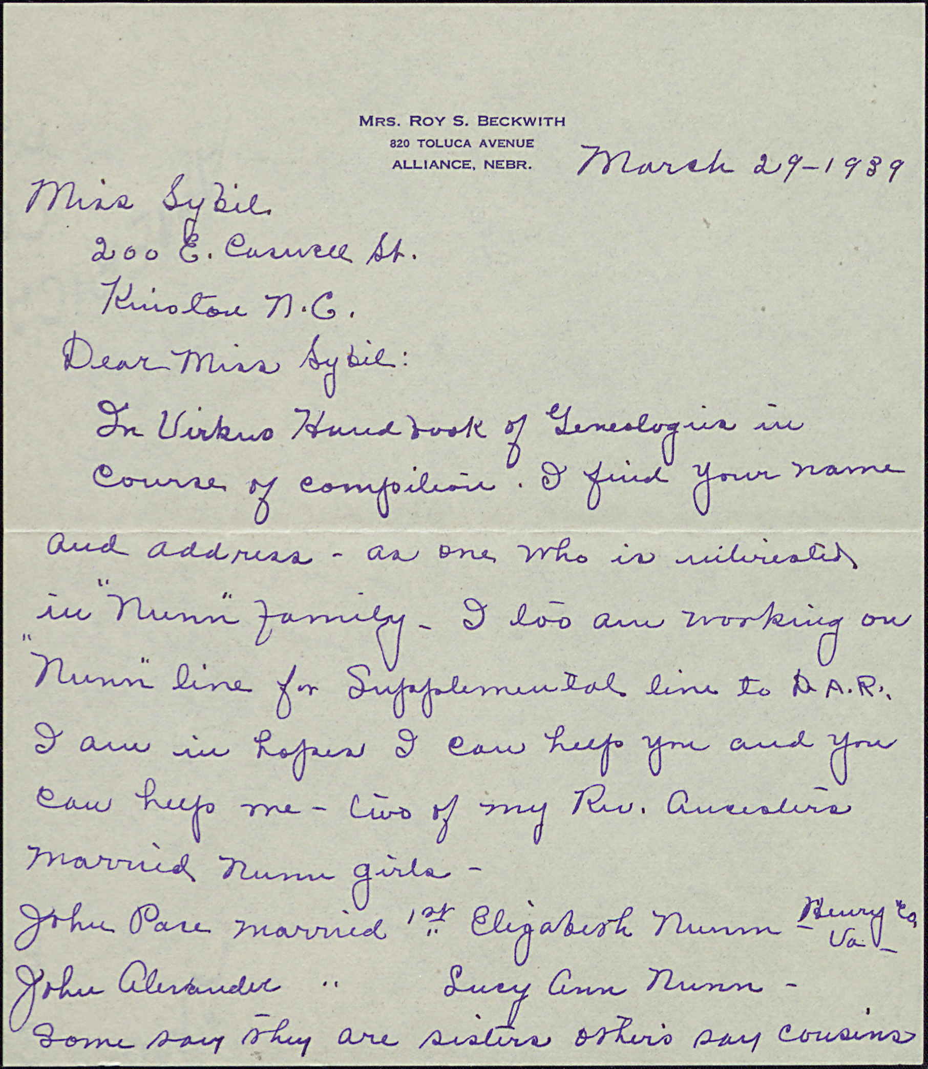 Nunn Family Research Notes, from the Genealogy Files of the Sybil Hyatt ...