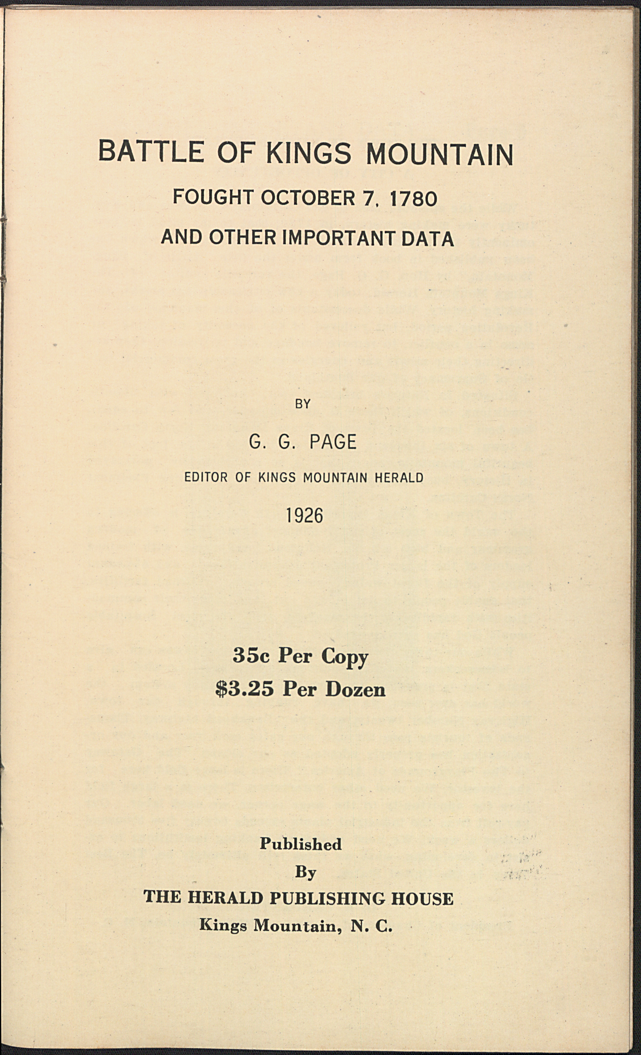 Battle of Kings Mountain Booklet