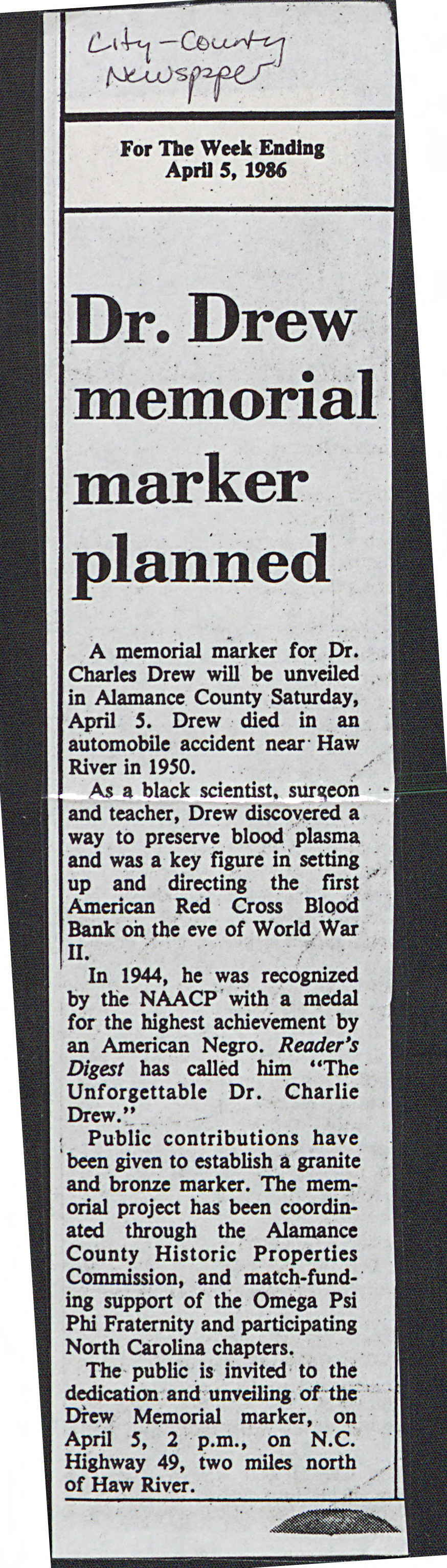 Clippings Concerning the Death and Remembrance of Dr. Charles Drew in ...
