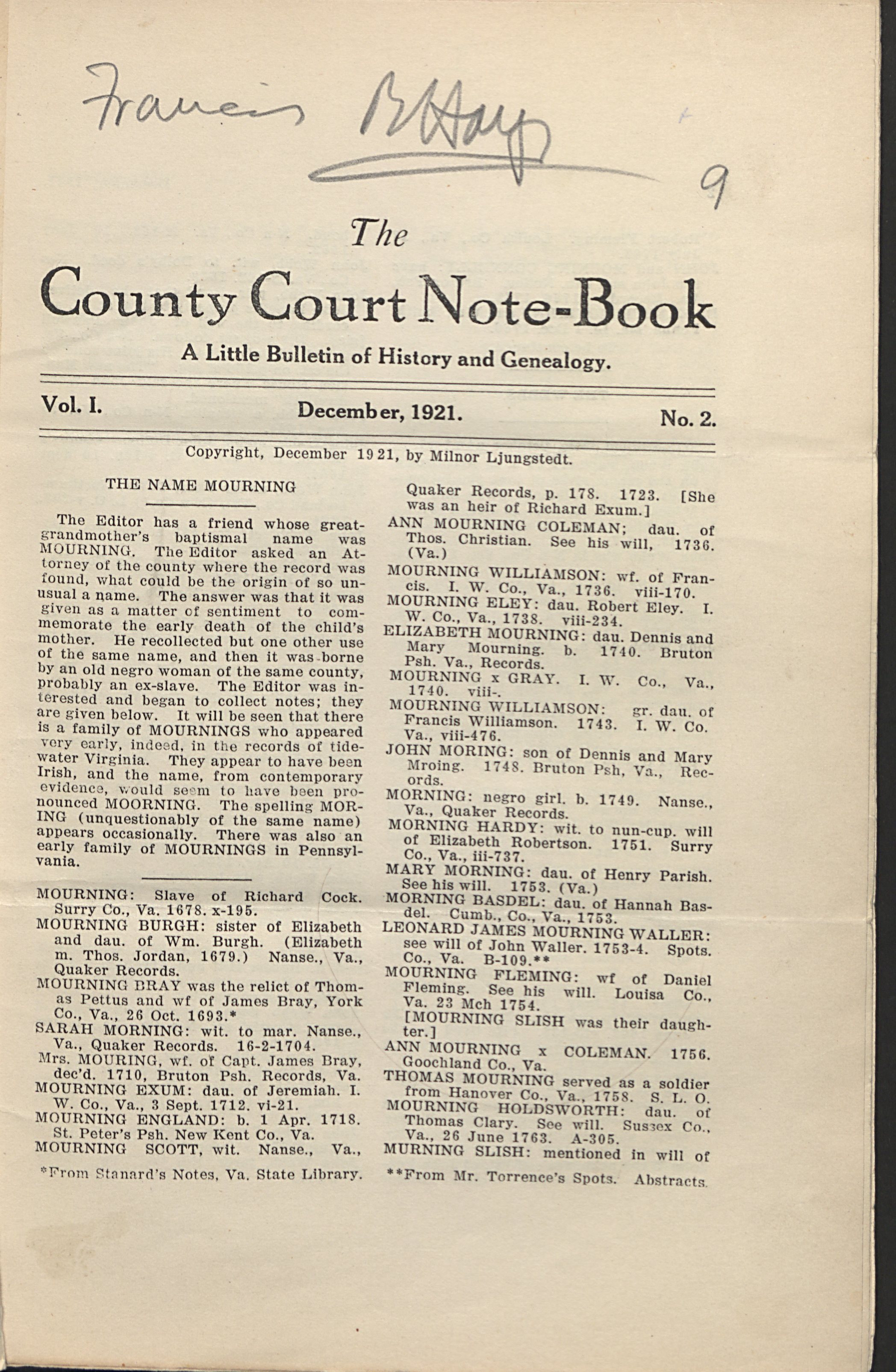 County Court Note Book History and Genealogy