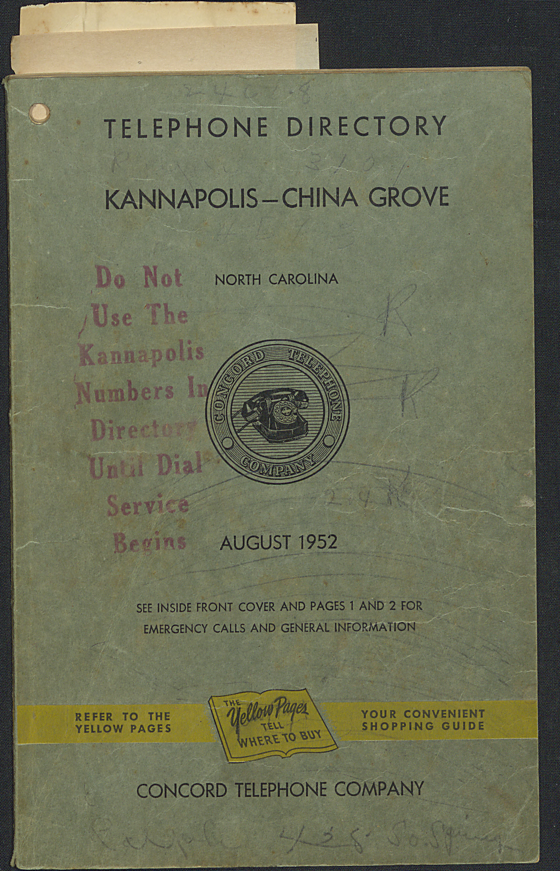 Telephone Directory, Kannapolis-China Grove, N.C. [1952]