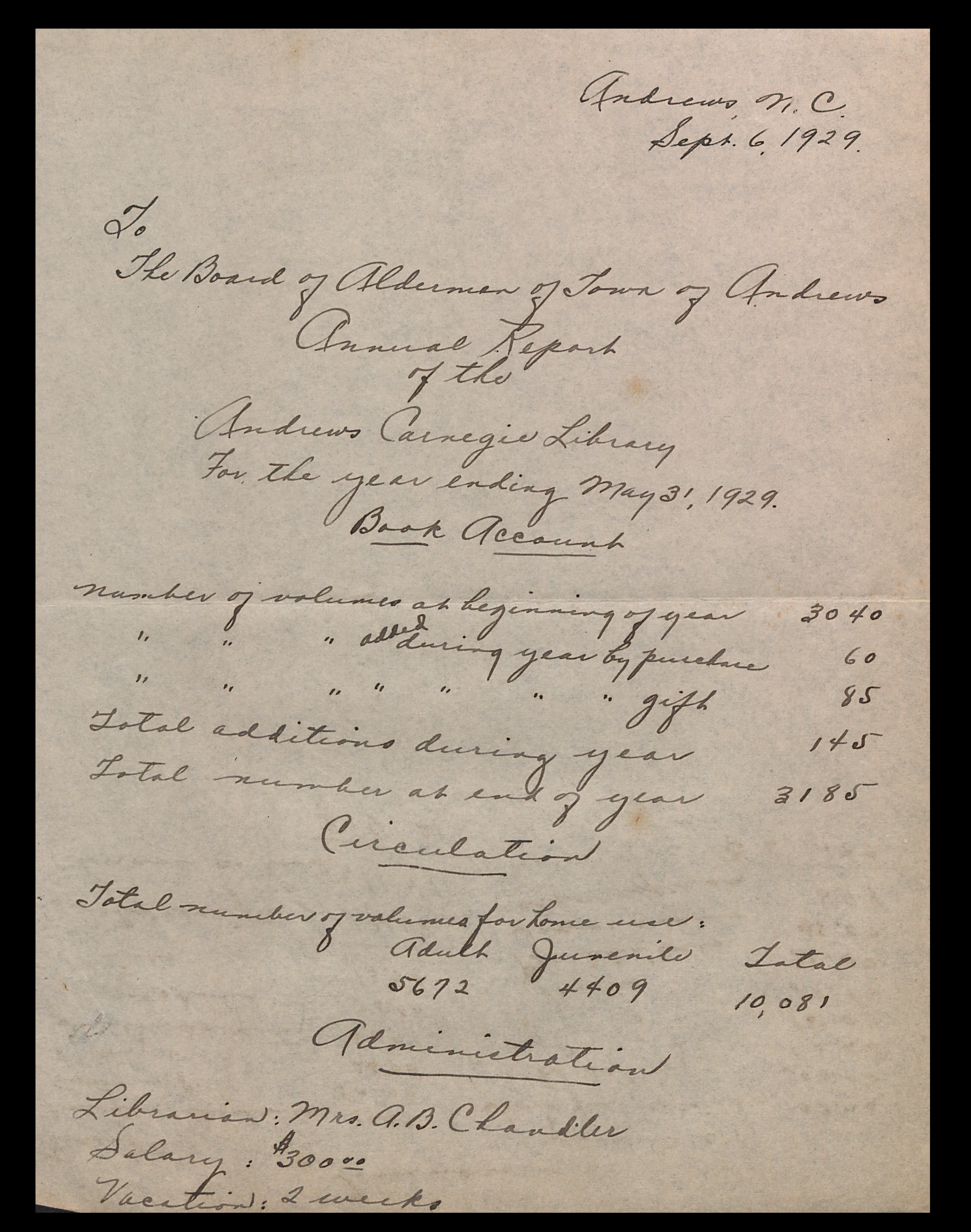 Annual Report of the Carnegie Library Andrews NC [1929]