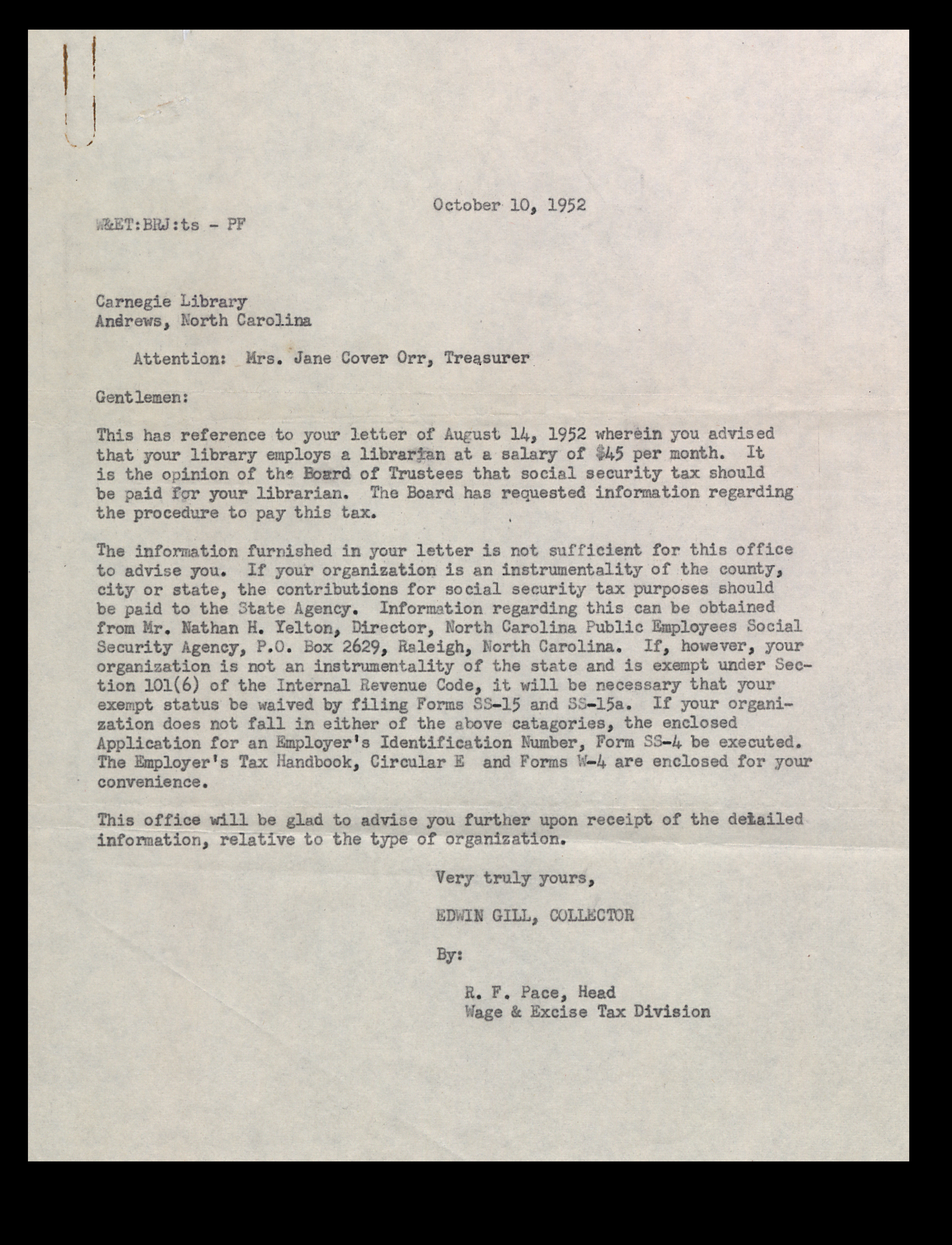Letter concerning FICA inquiry