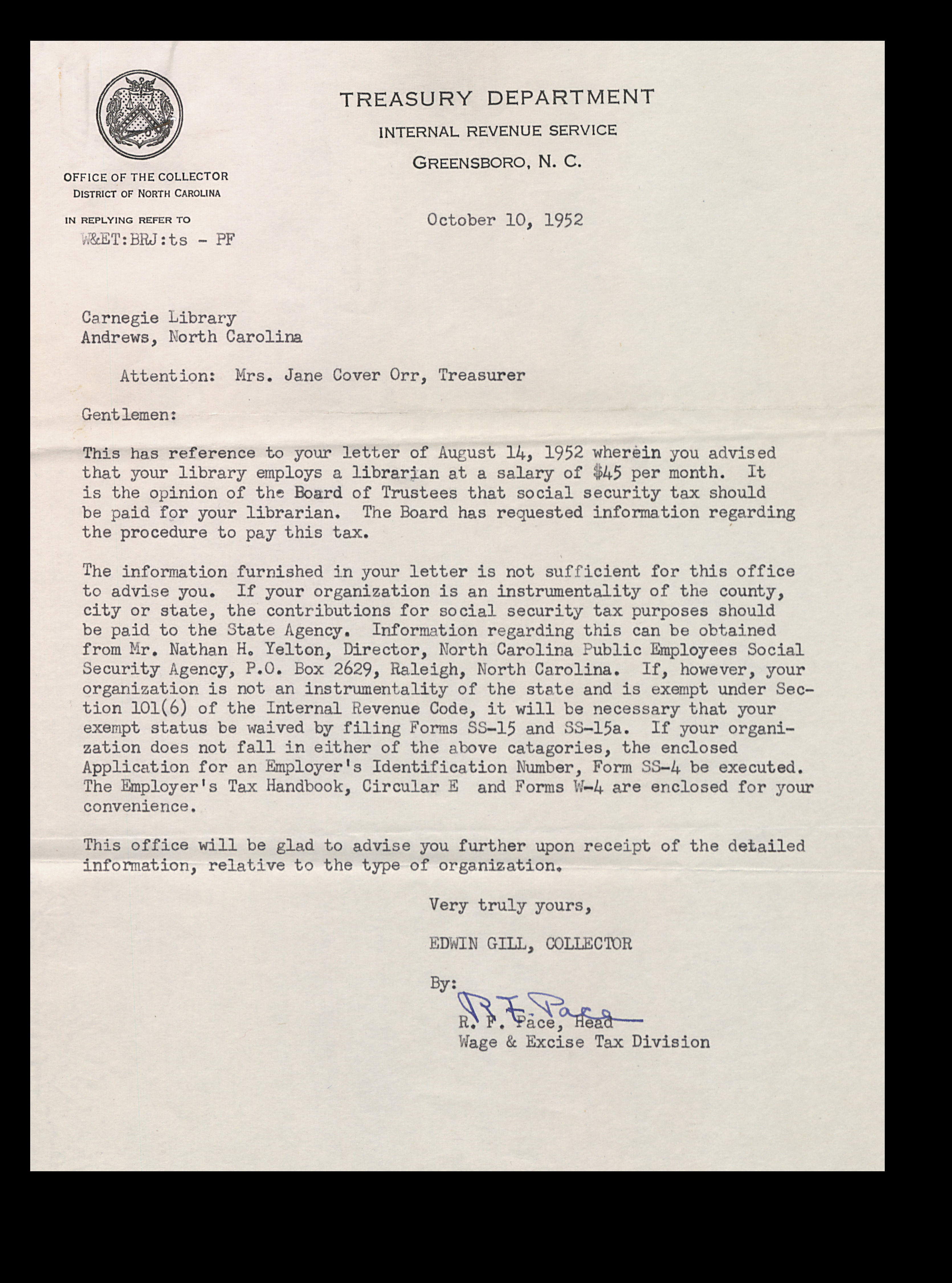 Letter concerning FICA inquiry