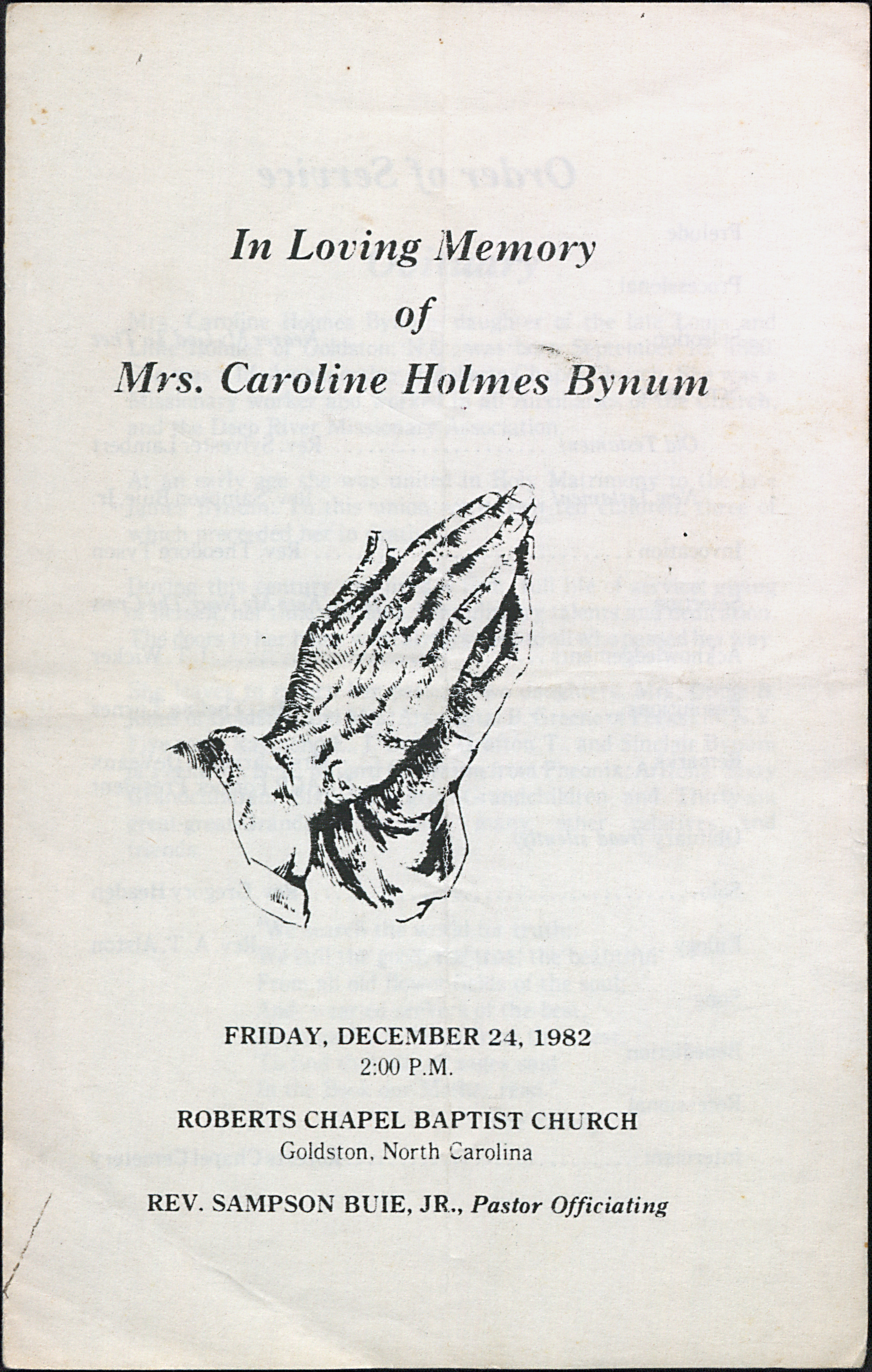 In Loving Memory of Mrs. Caroline Holmes Bynum