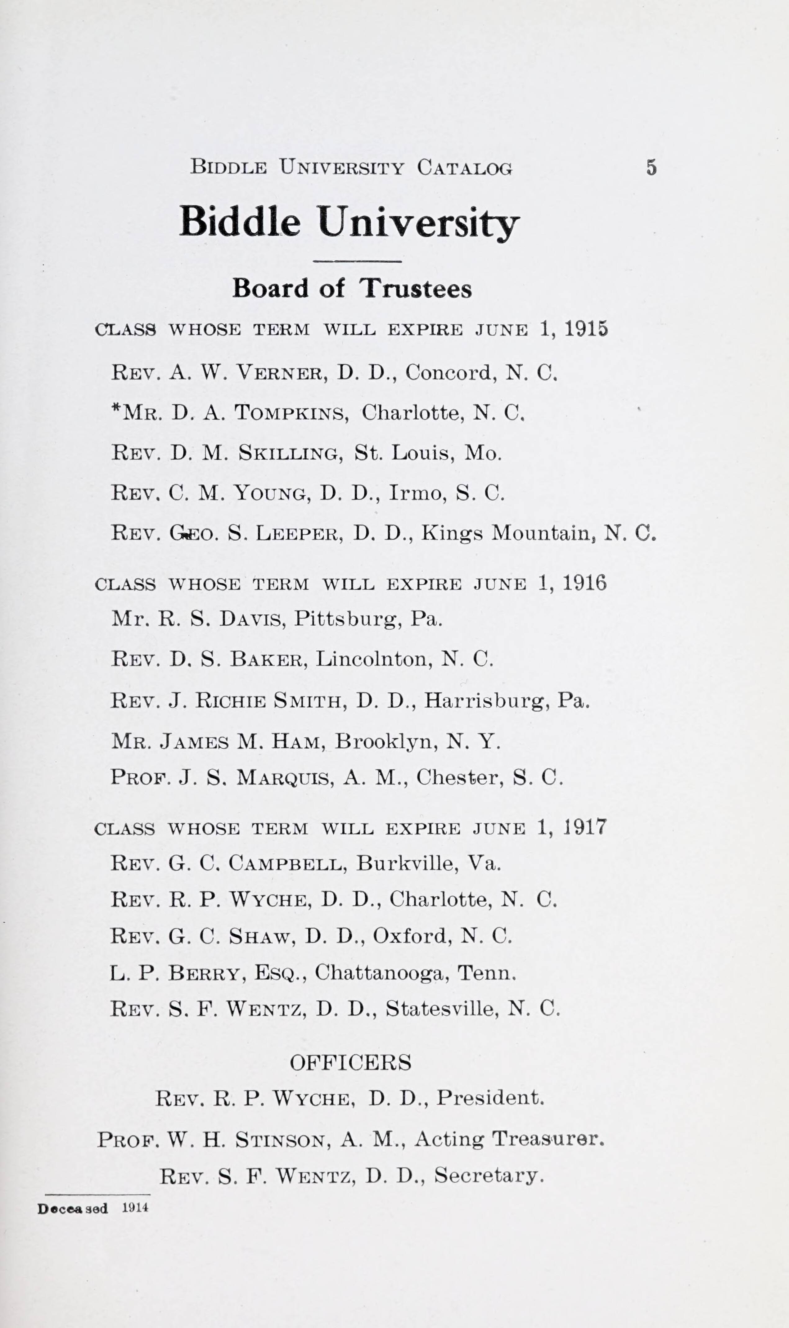 Biddle University General Catalog [1914-1915]