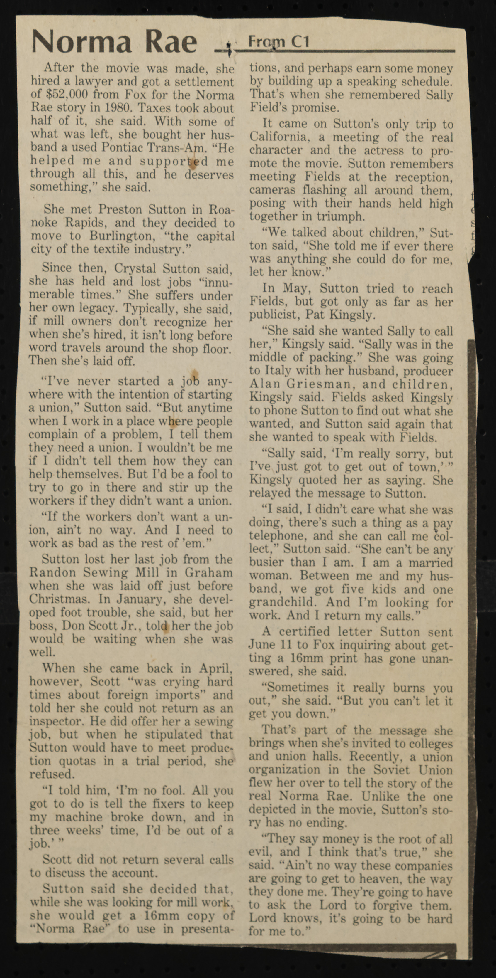 Real Norma Rae Still has Battles to Fight