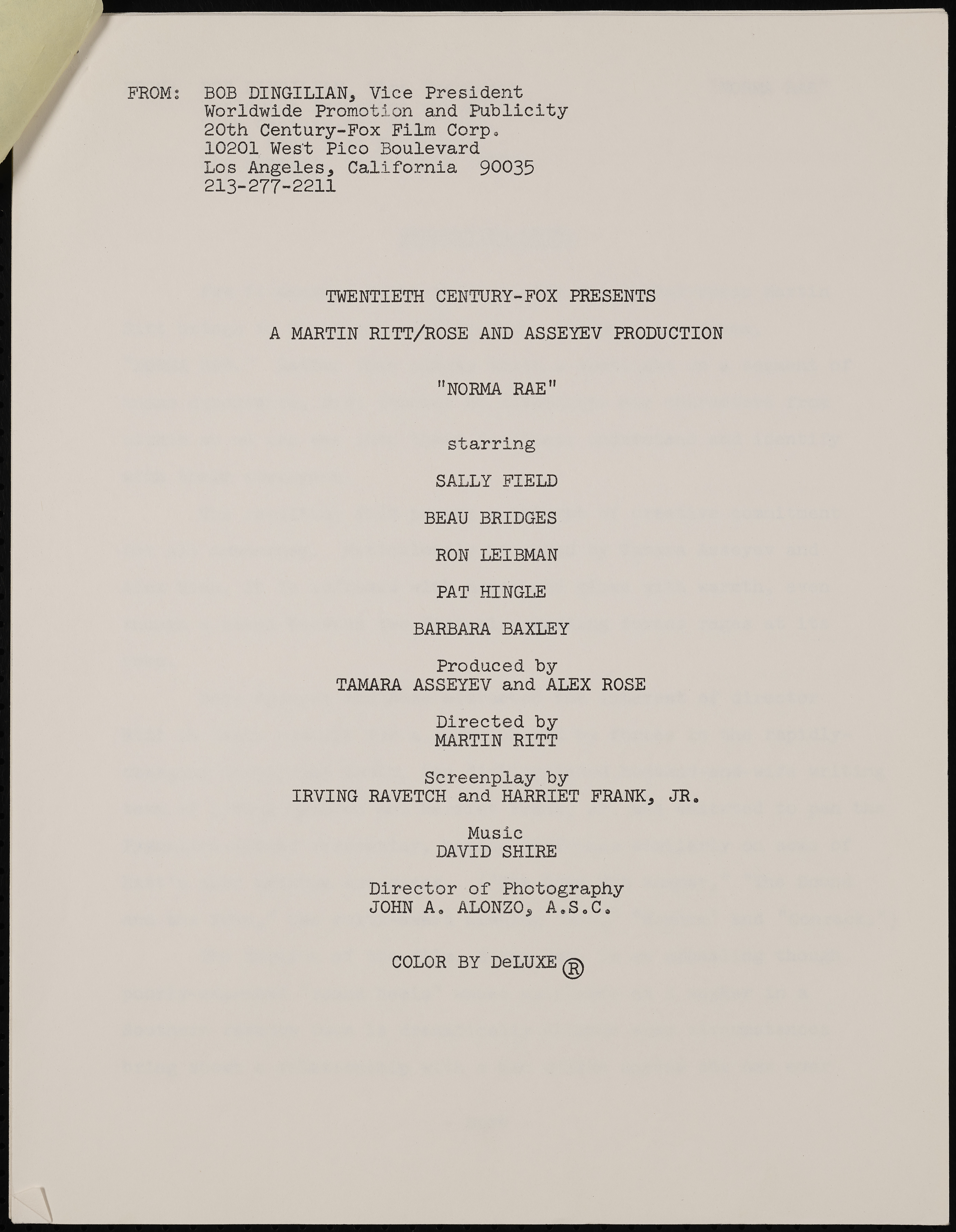 Production Information Guide for the Film Norma Rae