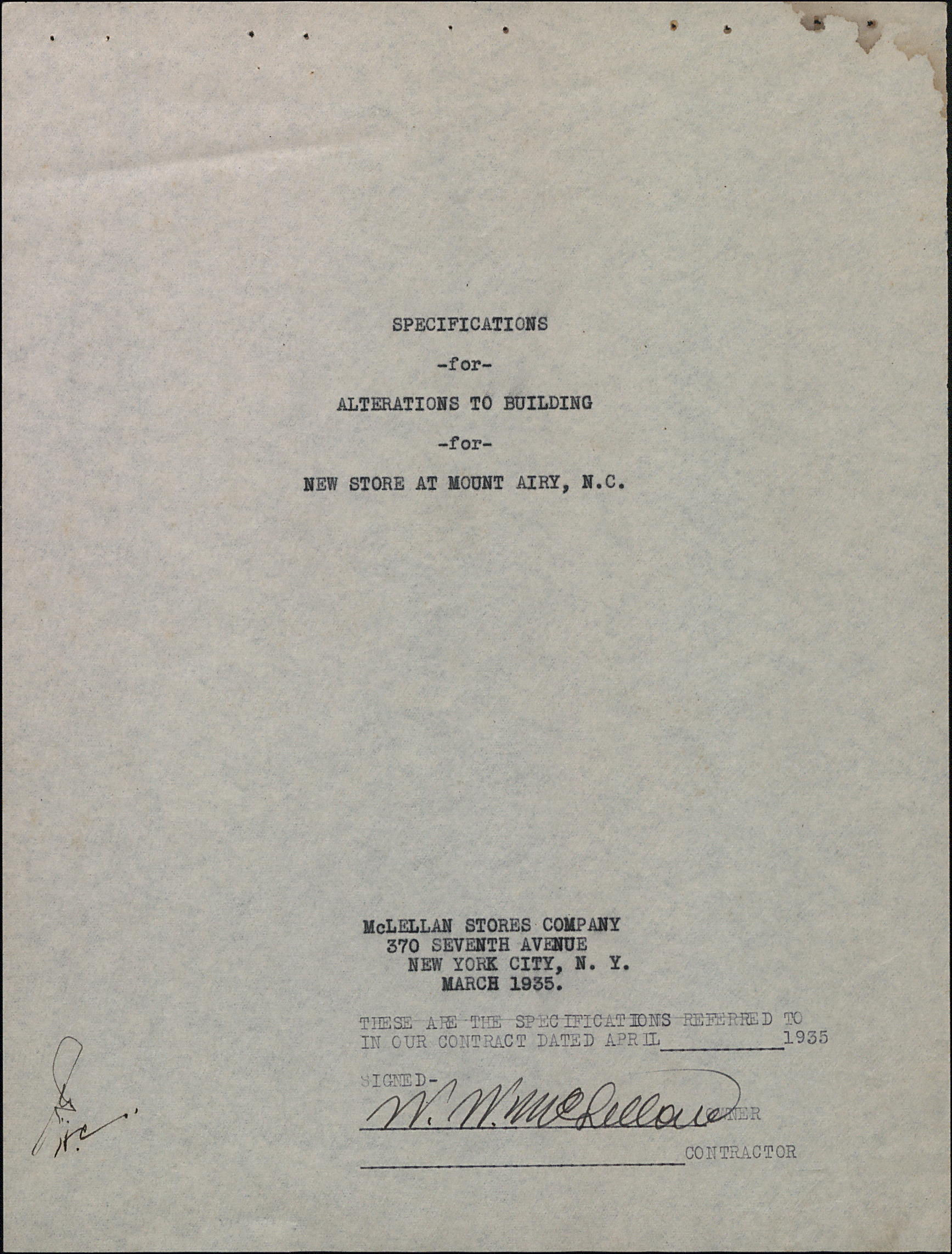 Plans and Specifications for McLellan Stores Co., New Store at Mount ...