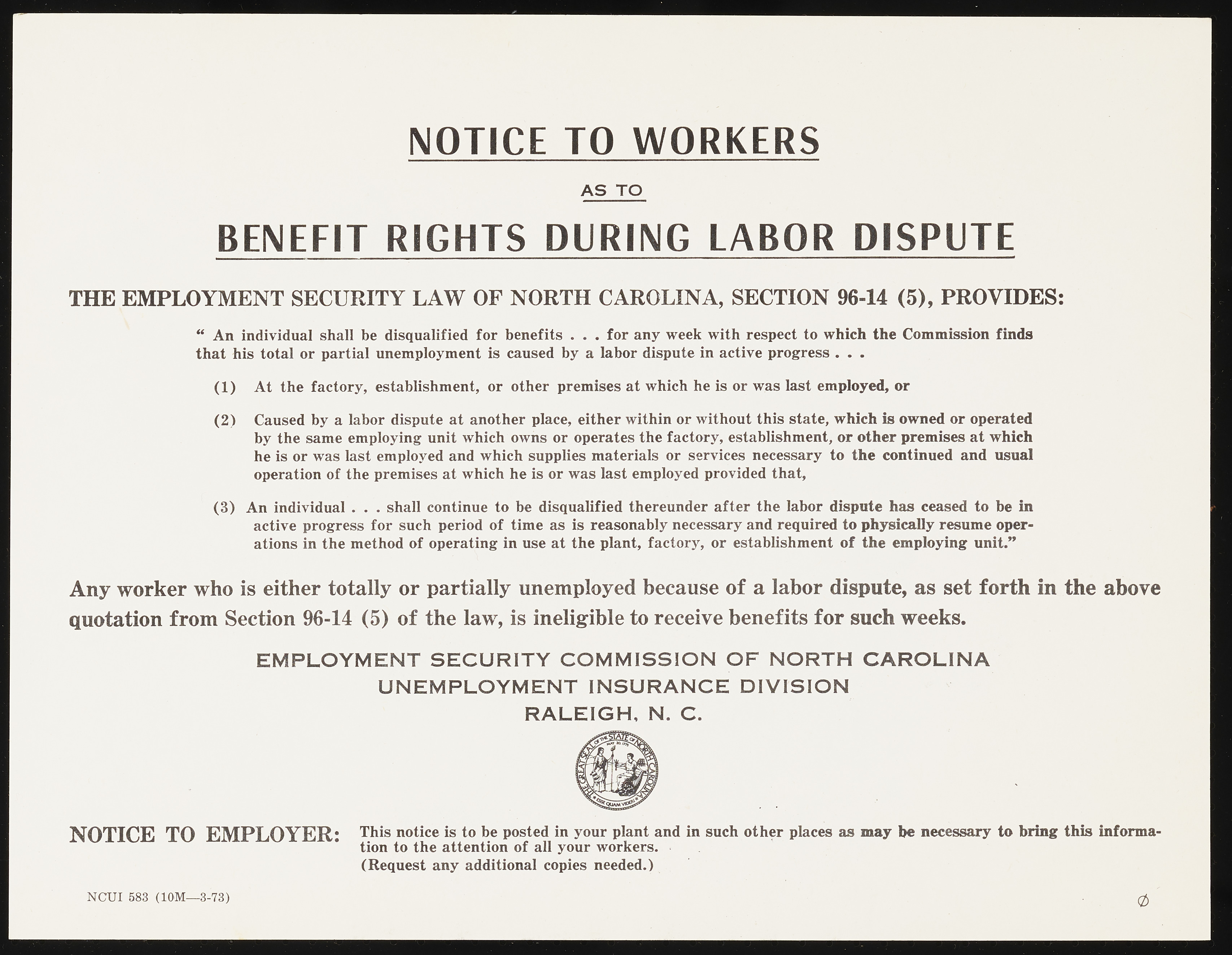 Notice to Workers as to Benefit Rights During Labor Dispute
