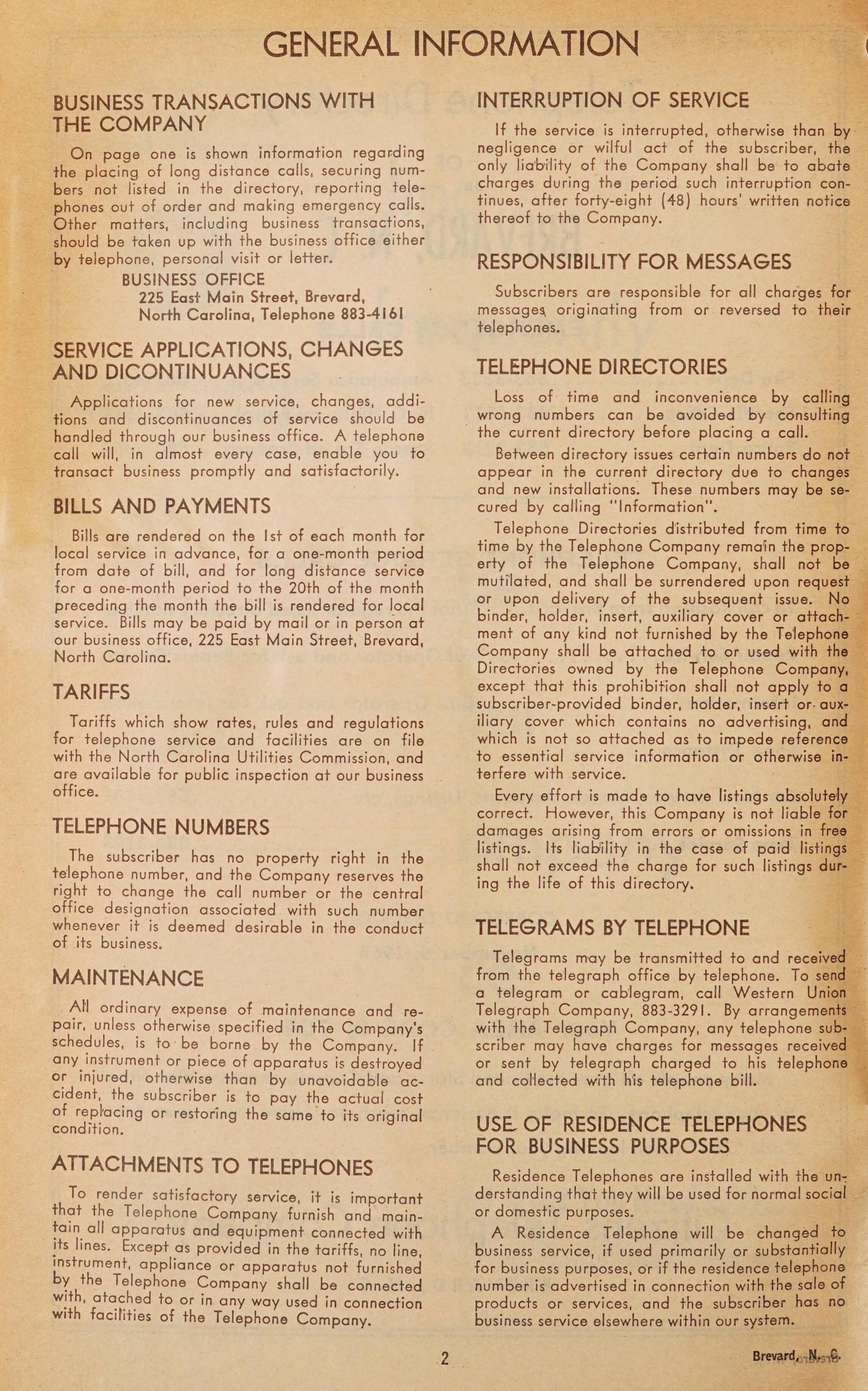 Telephone Directory, Brevard - Rosman, N.C. [January 1965]